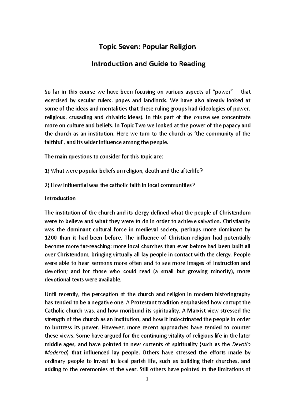 Topic 7 Introduction Popular Religion - Topic Seven: Popular Religion ...