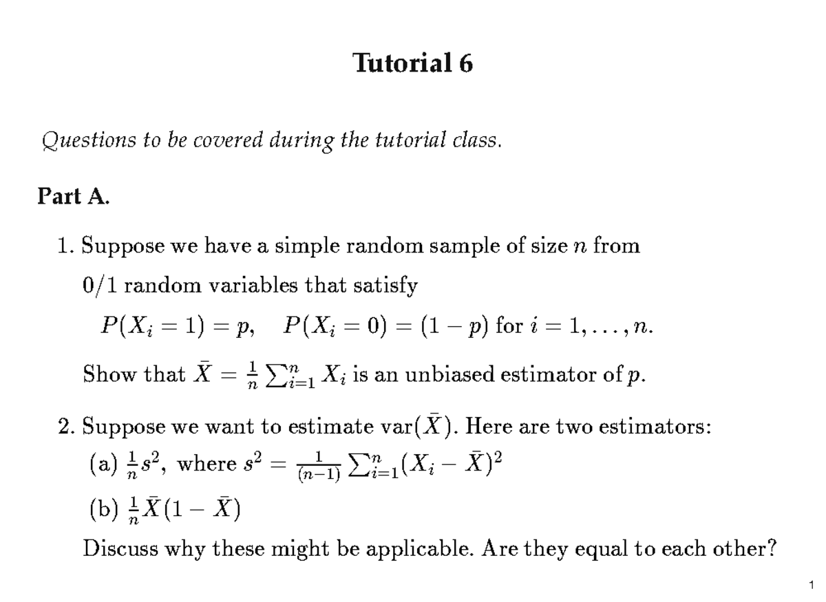 Qm1 2020 tutorial 6 - Tutorial 6 Questions to be covered during the tutorial class. Part A ...