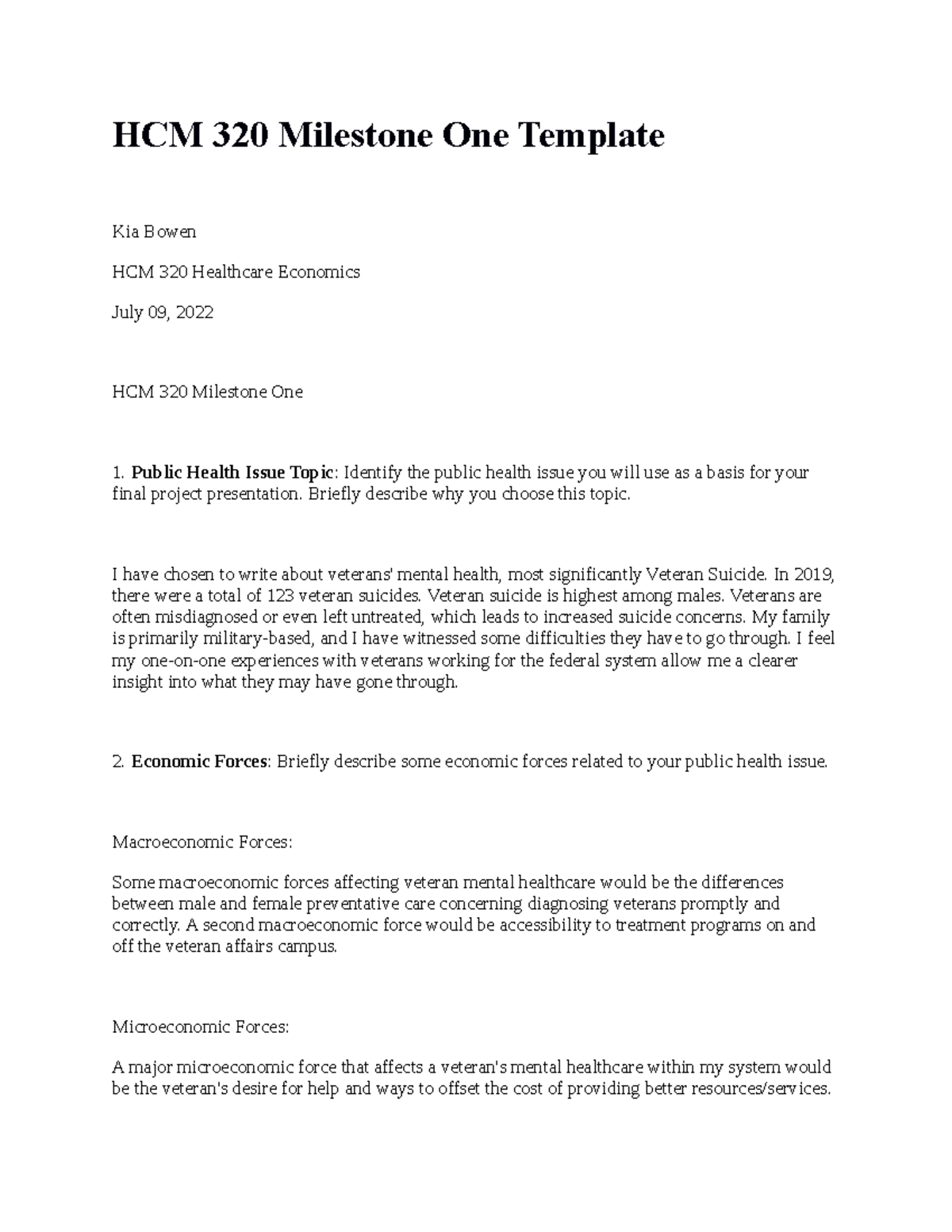 HCM 320 Milestone One Template - Public Health Issue: Veteran Suicide ...