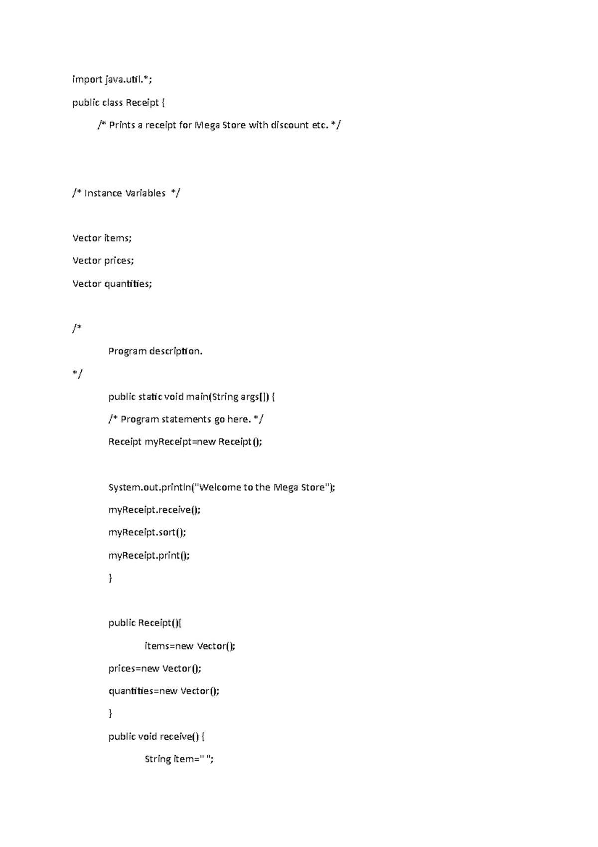 Store receipt - import java.; public class Receipt { / Prints a receipt ...