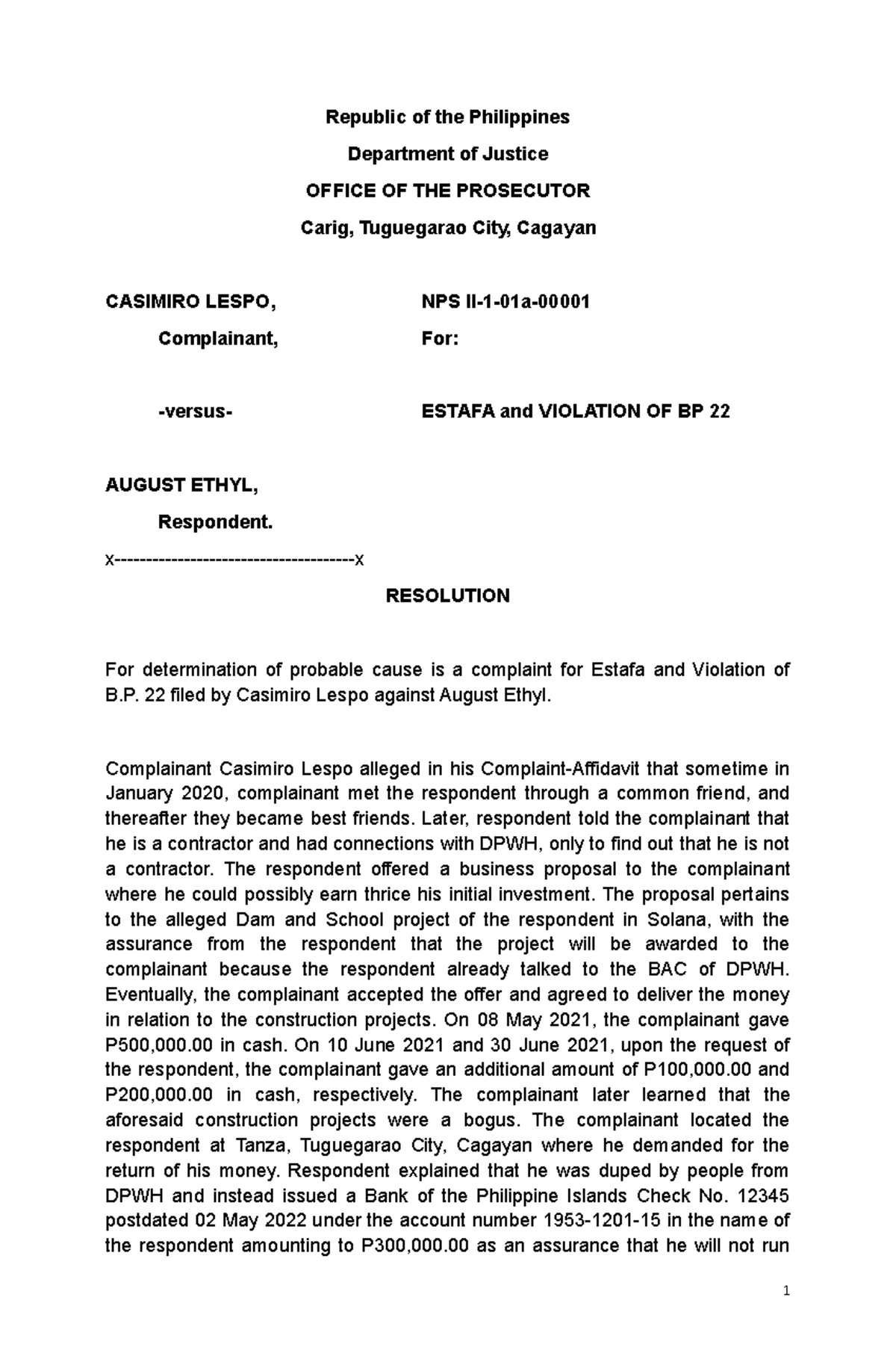 Resolution - evidence - Republic of the Philippines Department of ...