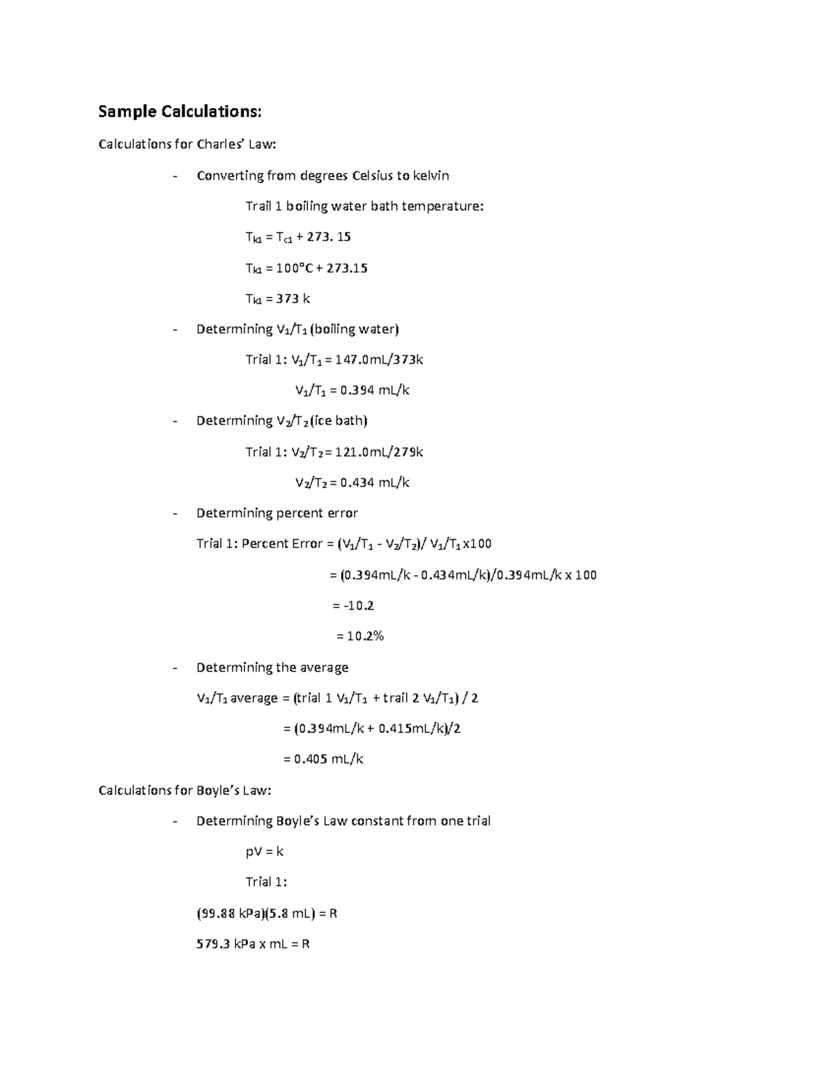 Exp.1 Sample Calculations - Sample Calculations: Calculations for ...