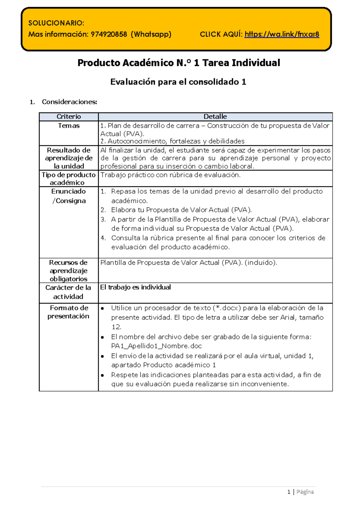 PA01 Gestión Profesional - Producto Académico N.° 1 Tarea Individual Evaluación para el ...