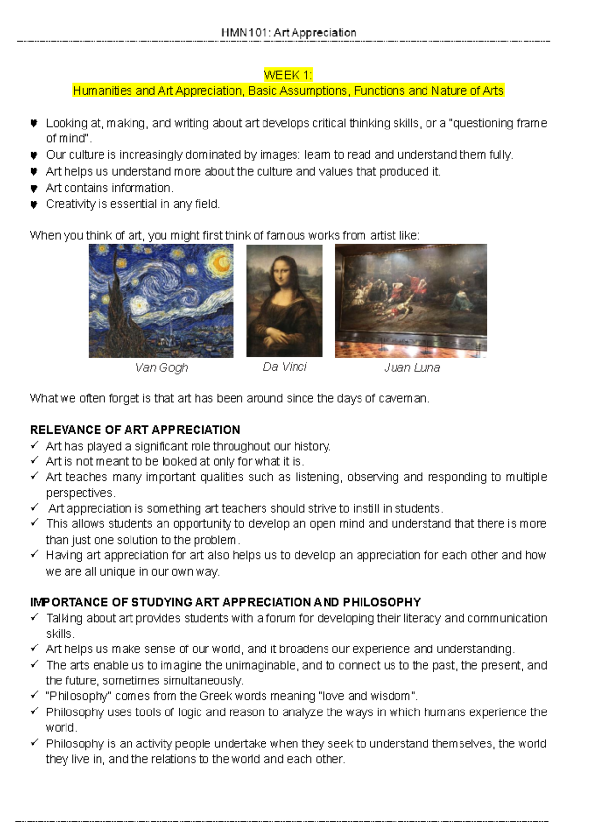 HMN101 Week-1 Humanities and Art Appreciation, Basic Assumptions ...