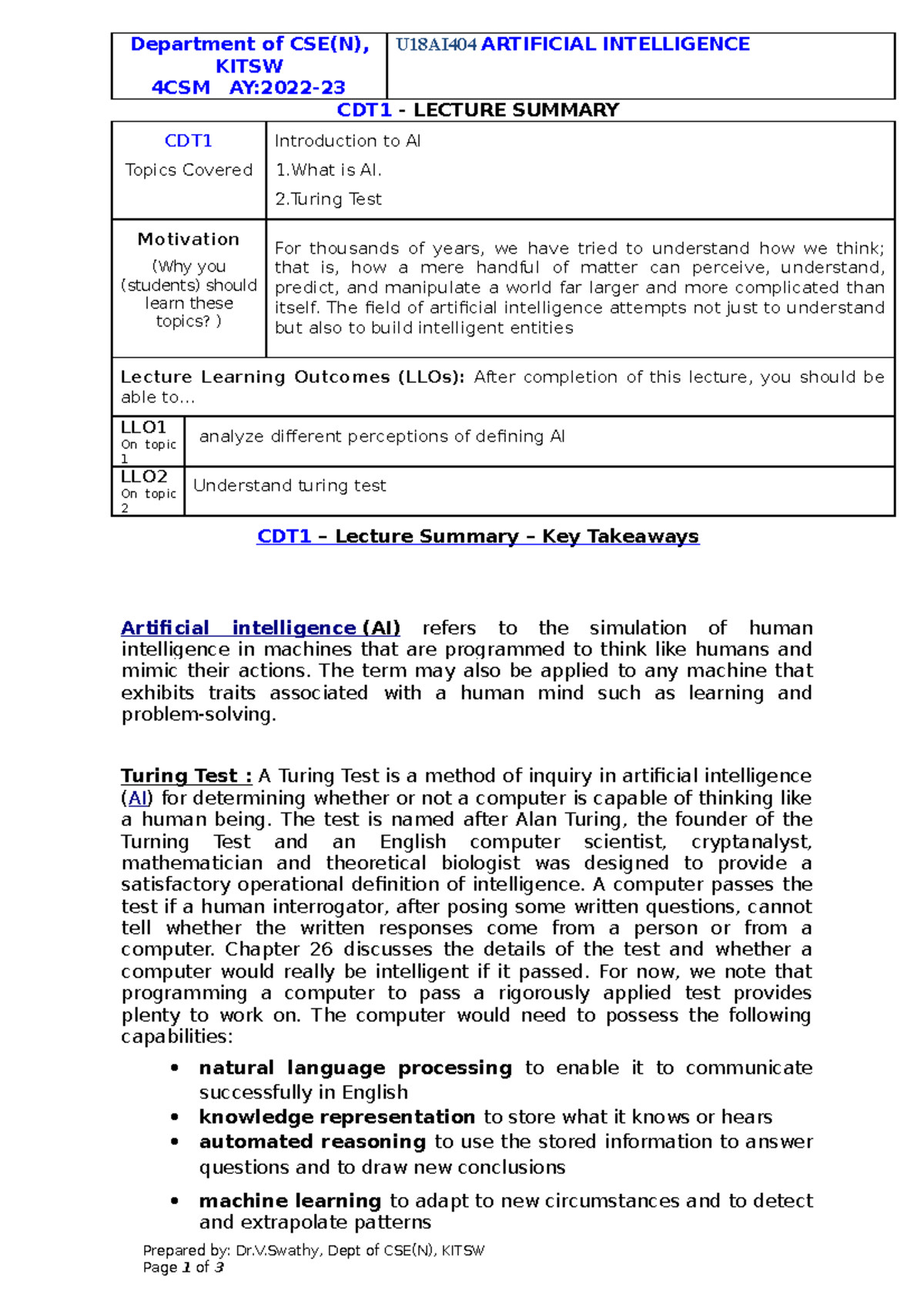 AI 2 Summary 2021-22 - Notes for AI - Department of CSE(N), KITSW 4CSM ...