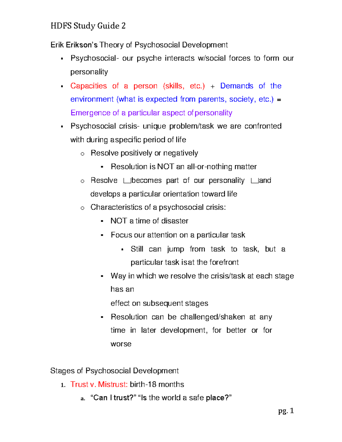 SG 2 HDFS Study Guide 2 - Erik Erikson’s Theory of Psychosocial Development Psychosocial- our ...