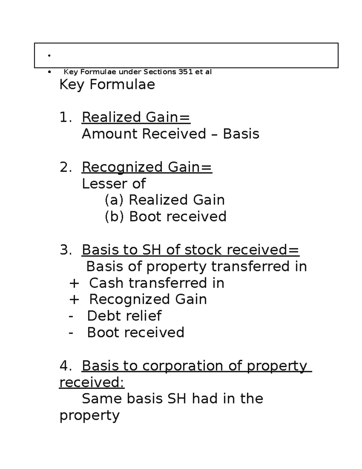 Key Formulae under Sections 351 et al - Realized Gain= Amount Received ...
