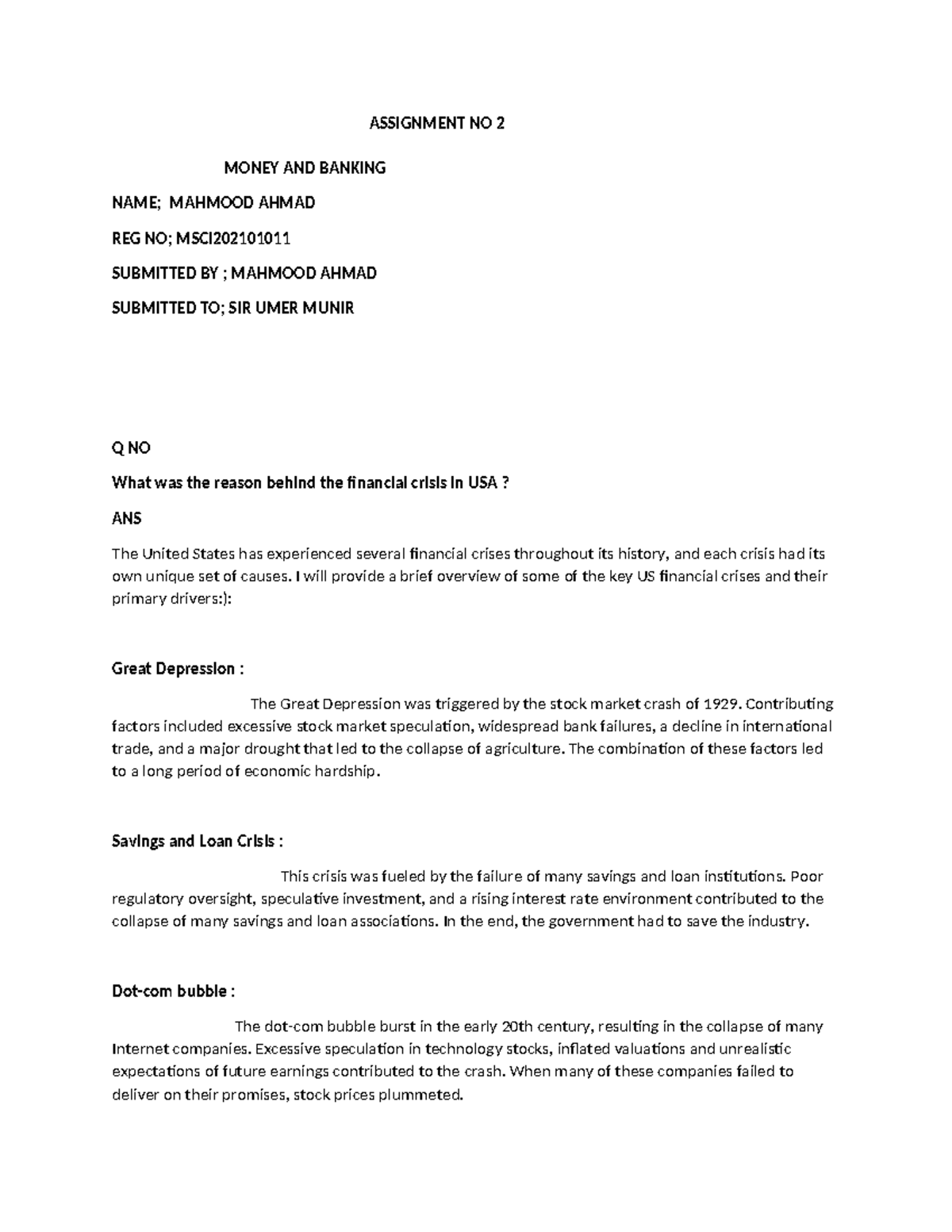 Money and banking assignment - ASSIGNMENT NO 2 MONEY AND BANKING NAME; MAHMOOD AHMAD REG NO ...