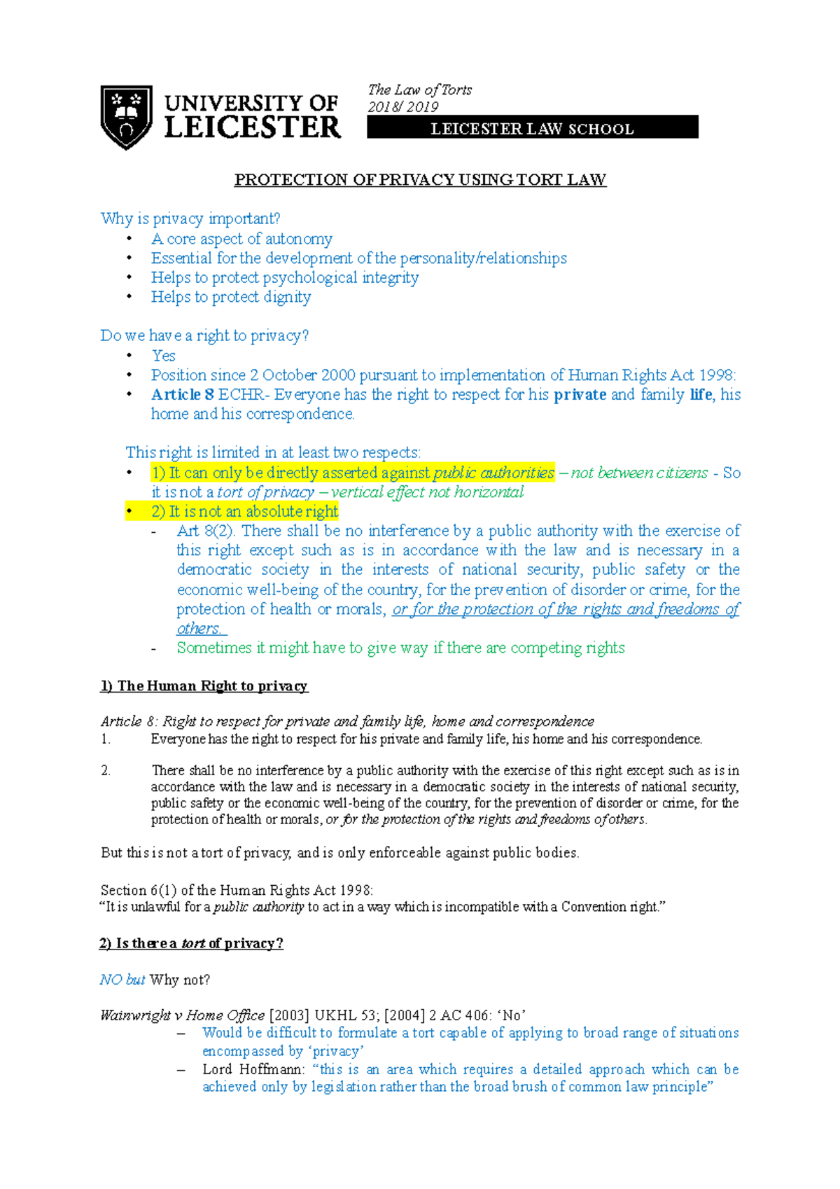 Privacy 2019-2020 - The Law of Torts 2018/ 2019 LEICESTER LAW SCHOOL ...