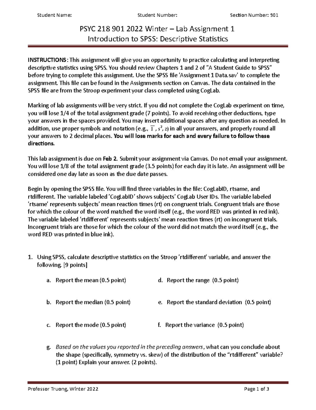 PSYC 218 901 - Assignment 1 - PSYC 218 901 2022 Winter – Lab Assignment 1 Introduction to SPSS ...