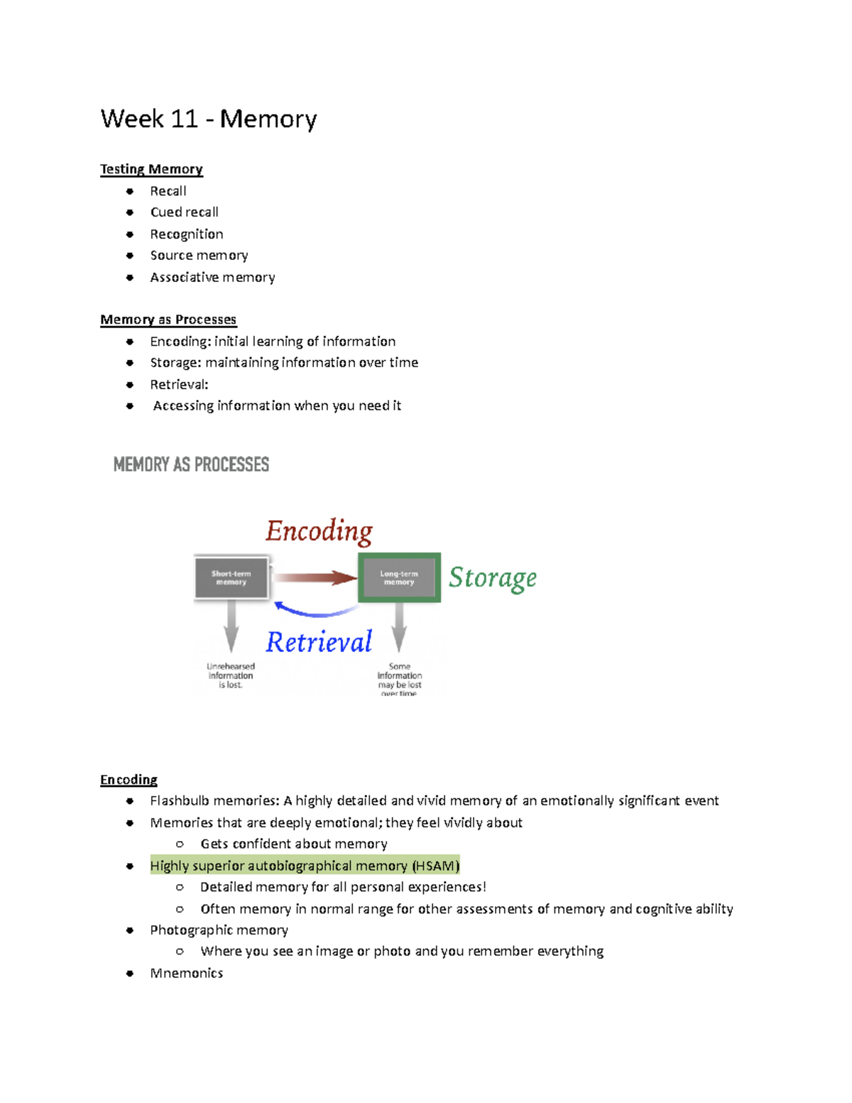 PSYC 100A Week 11 Notes - Week 11 - Memory Testing Memory Recall Cued ...