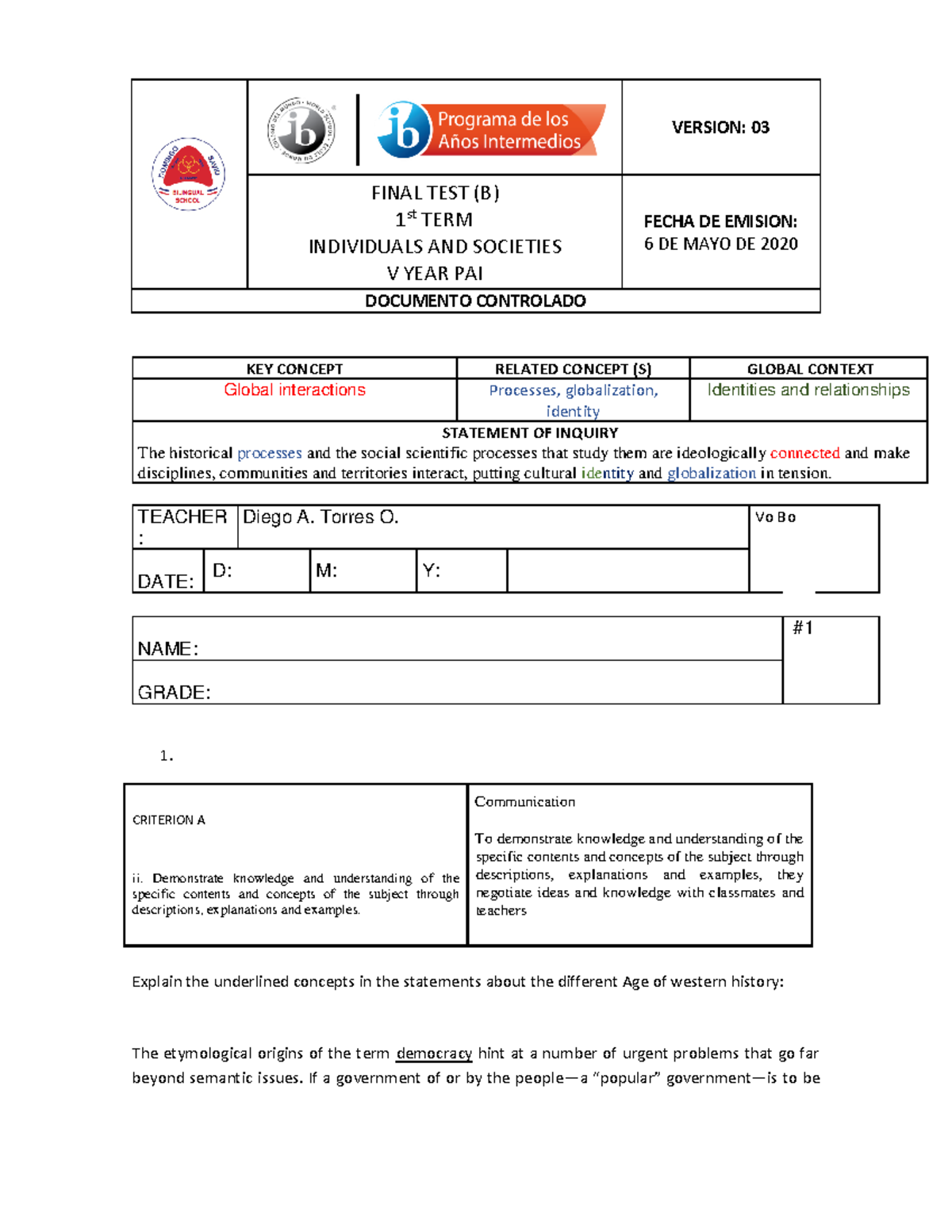Final TEST 1 - 10° (B) pdf - FINAL TEST (B) 1 st TERM INDIVIDUALS AND ...