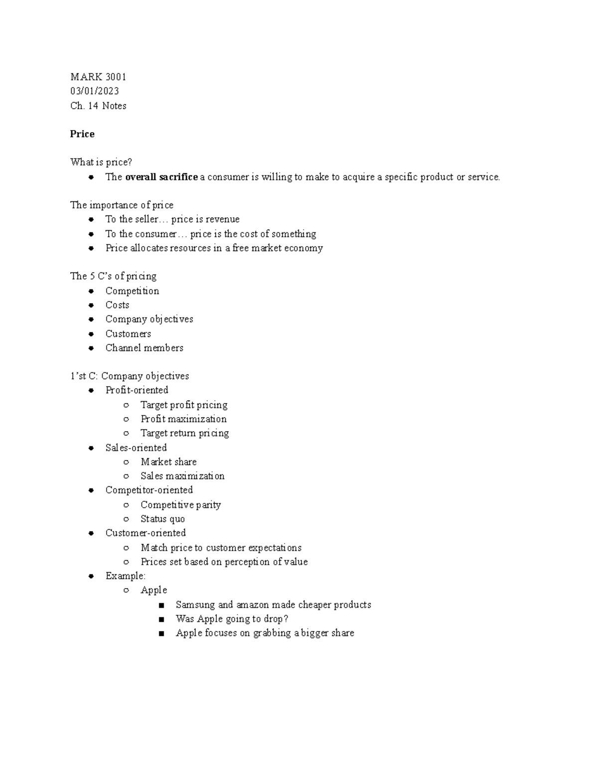 MARK Ch. 14 Notes - MARK 3001 03/01/2023Ch. 14 Notes Price What is ...