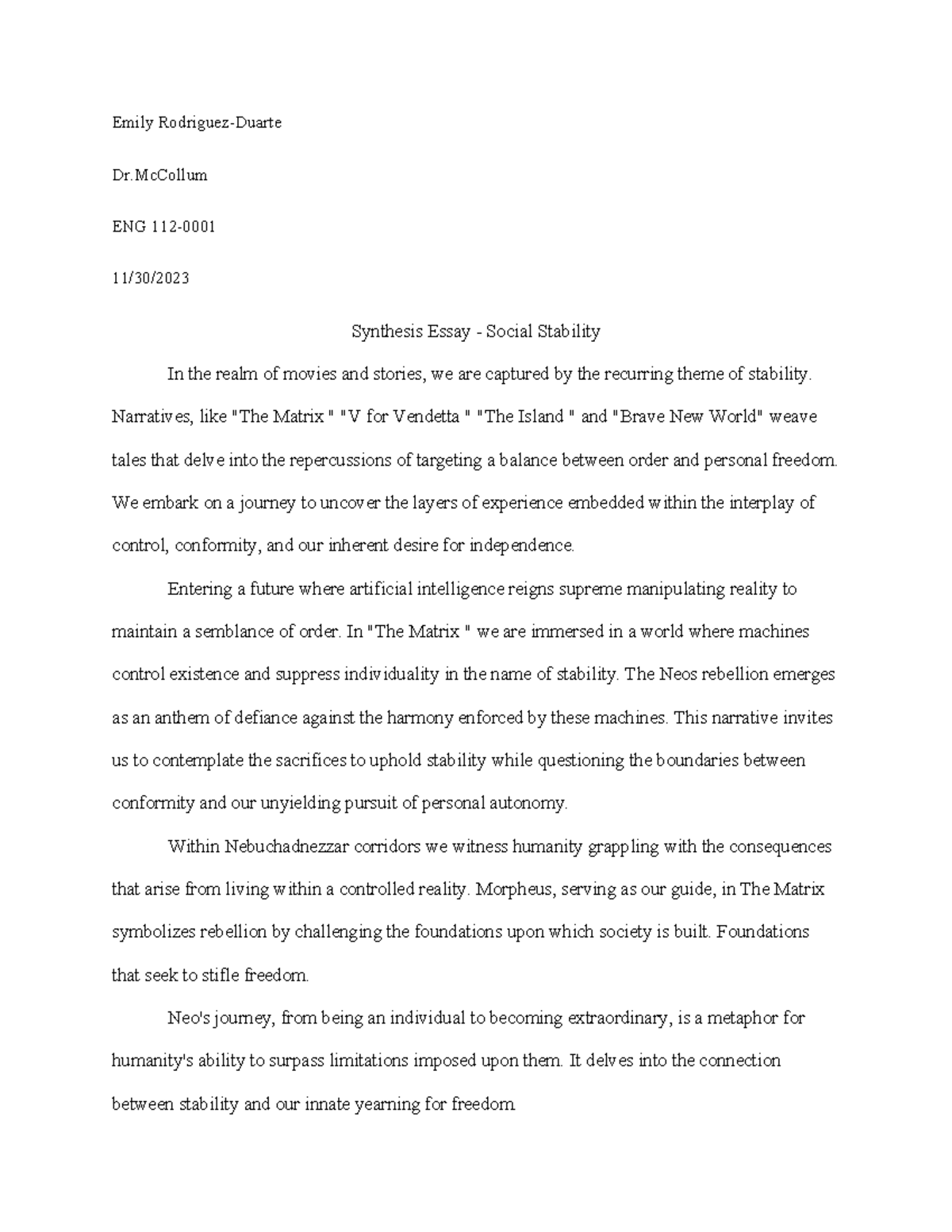 Synthesis Essay - Social Stability - Emily Rodriguez-Duarte Dr ENG 112 ...