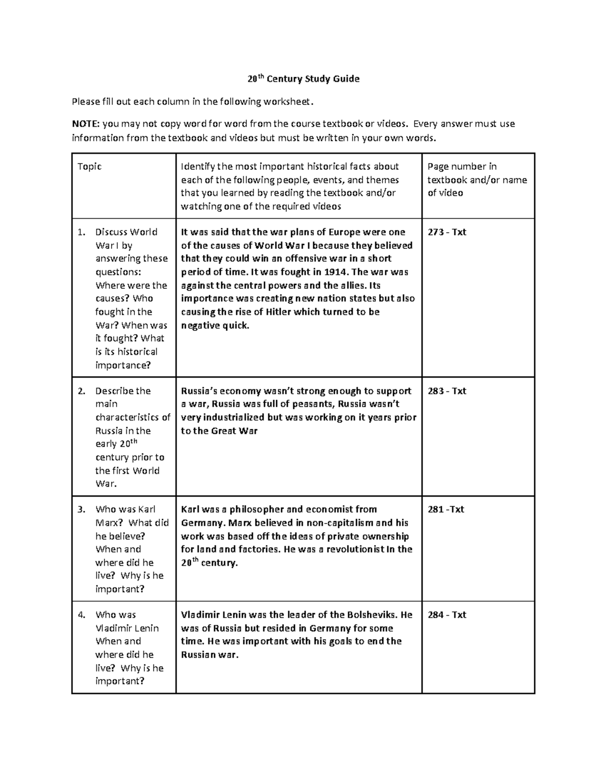 20th Century Study Guide - 20 th Century Study Guide Please fill out ...