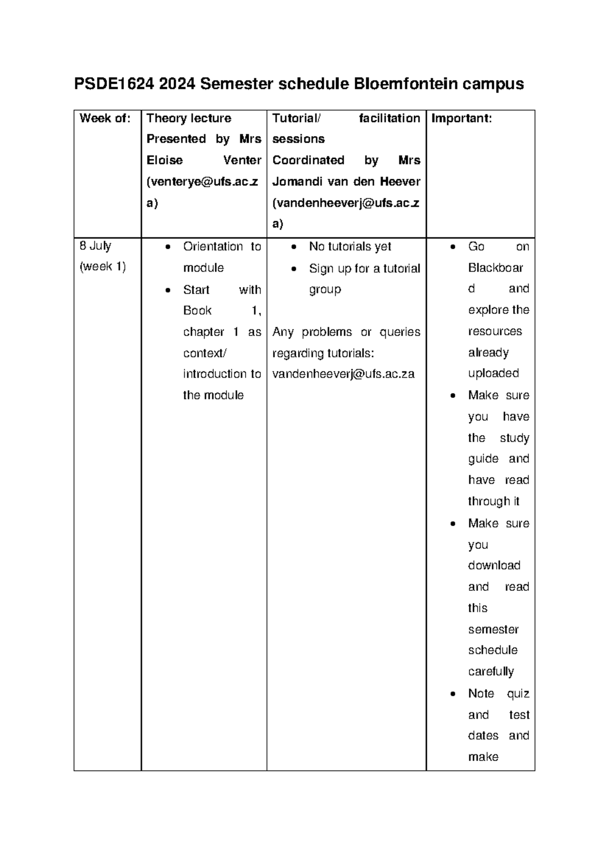 PSDE1624 Semester Schedule BFN campus 2024 draft 2 - PSDE1624 2024 ...