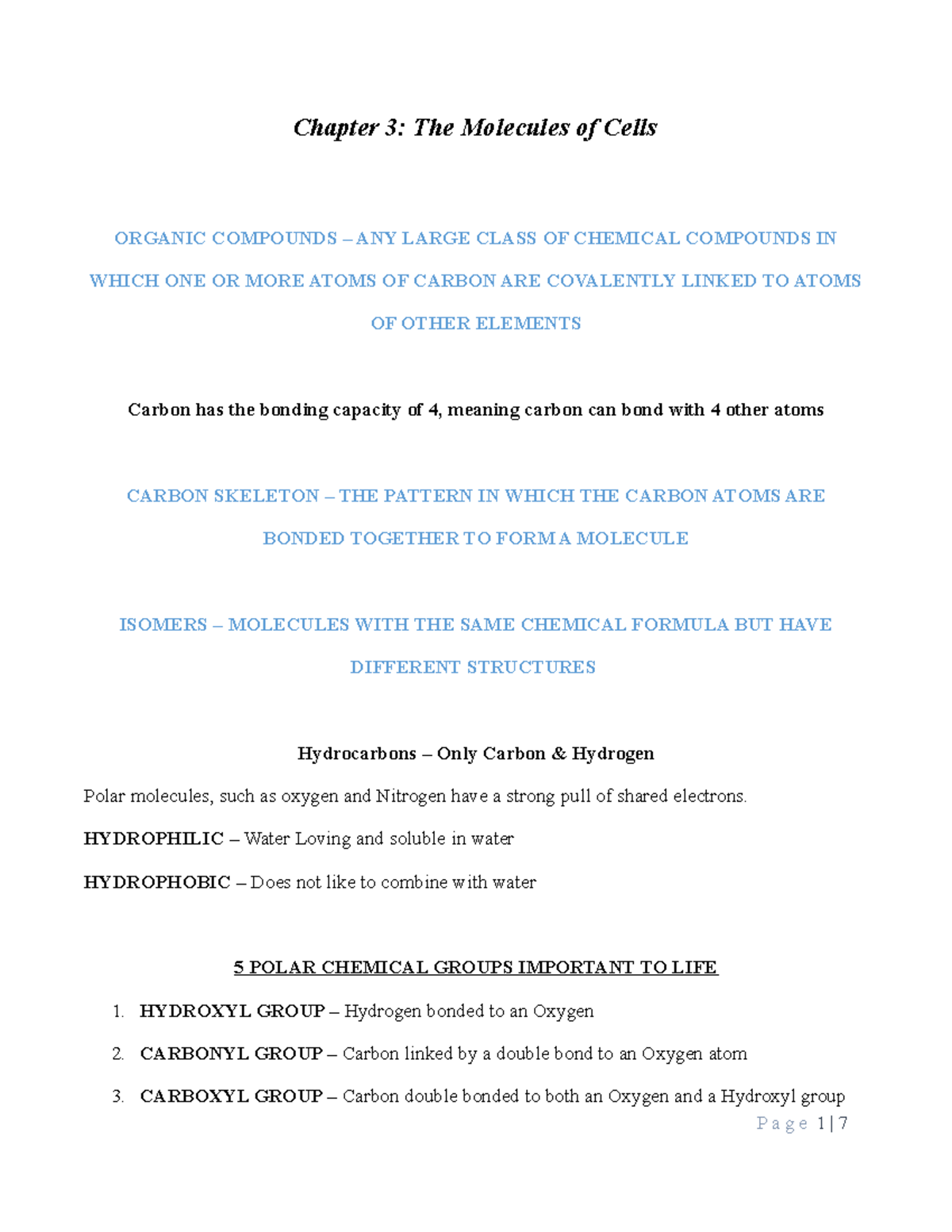 Chapter 3 - Chapter 3: The Molecules of Cells ORGANIC COMPOUNDS – ANY ...