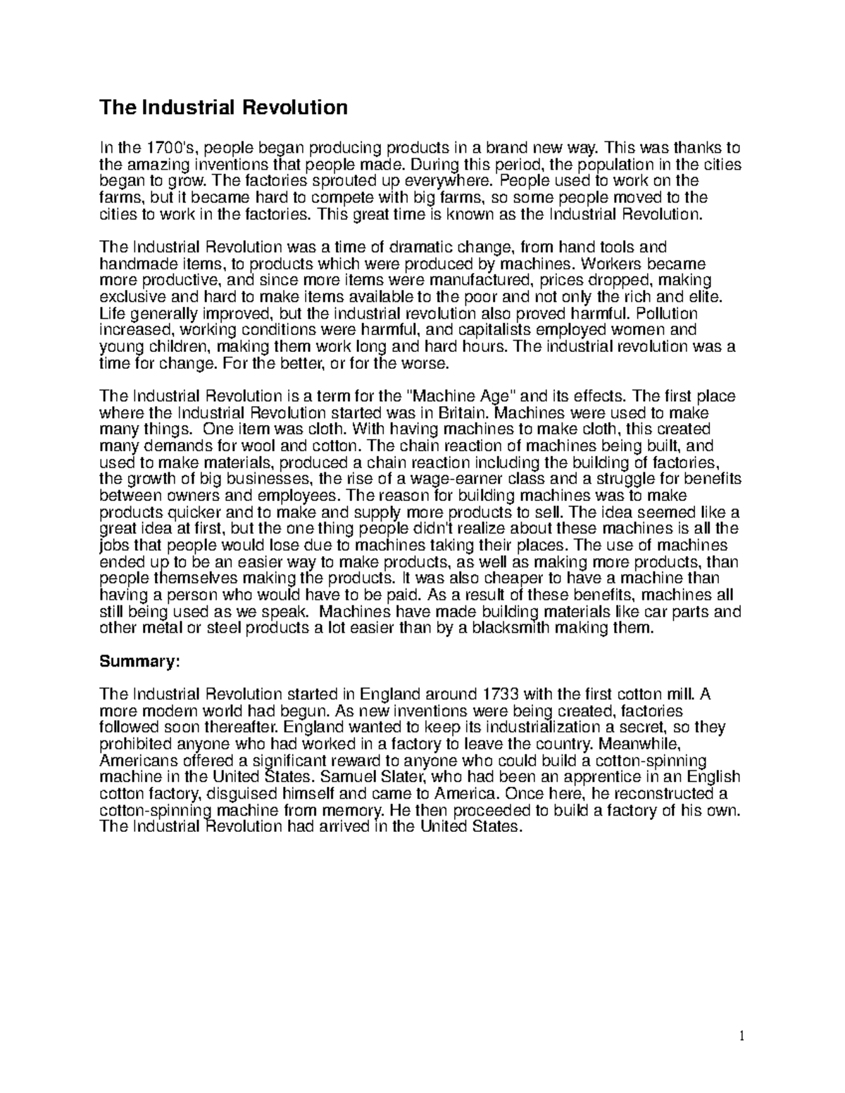 Industrial rev reading - The Industrial Revolution In the 1700's ...