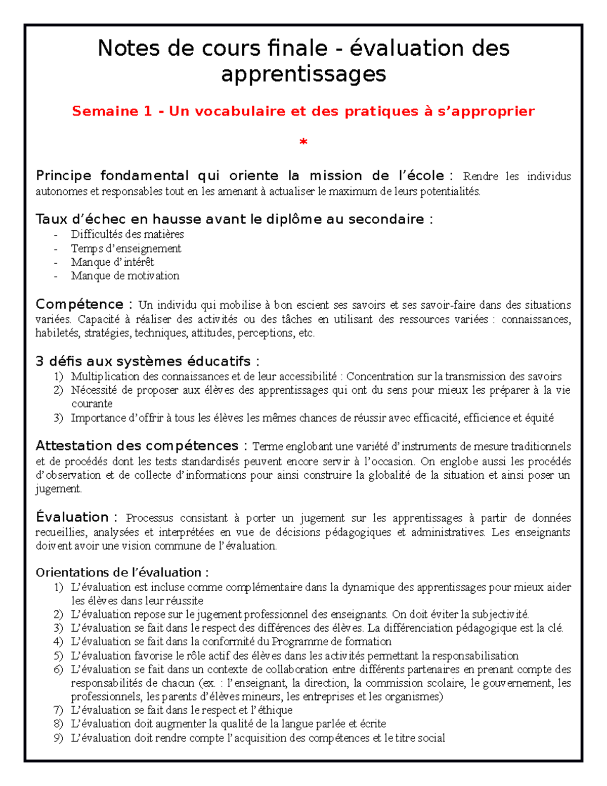 Révision finale - Évaluation des apprentissages - Notes de cours finale ...