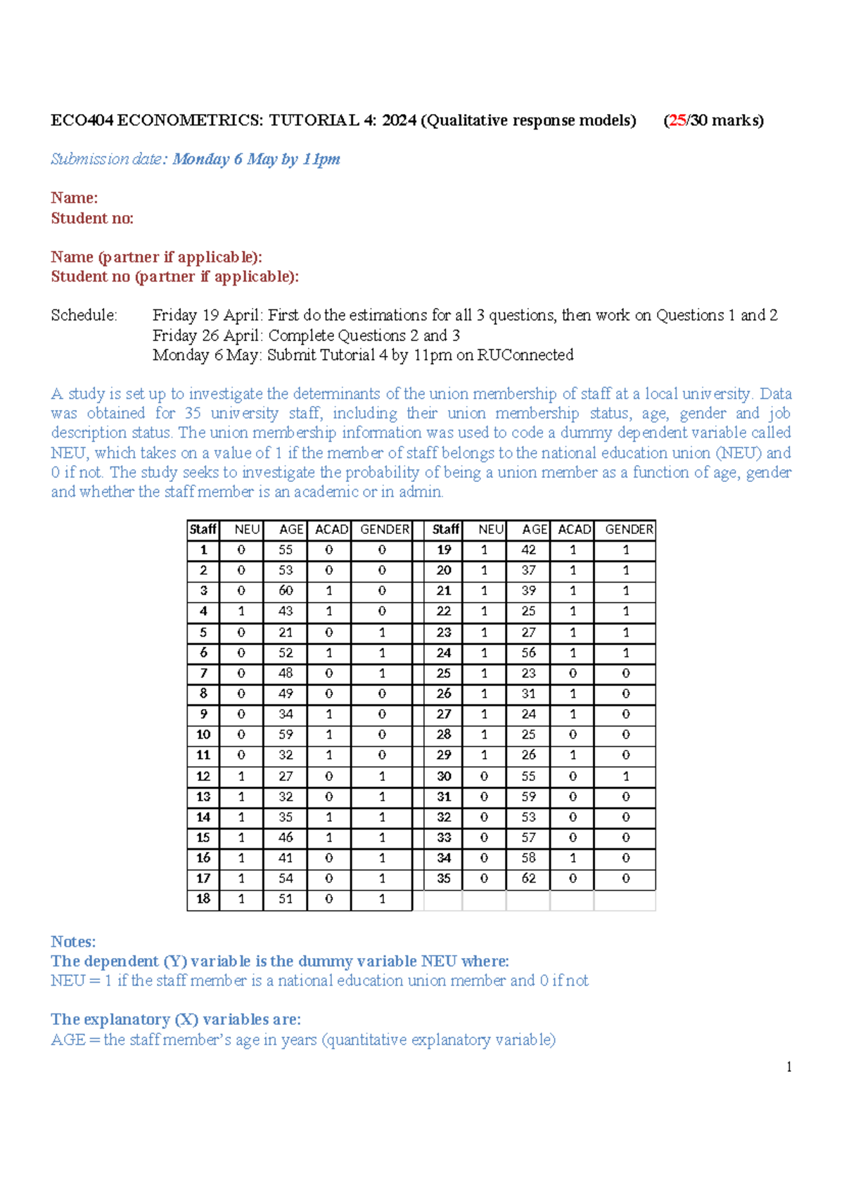 Econometrics 2tut4 - ECO404 ECONOMETRICS: TUTORIAL 4: 2024 (Qualitative ...