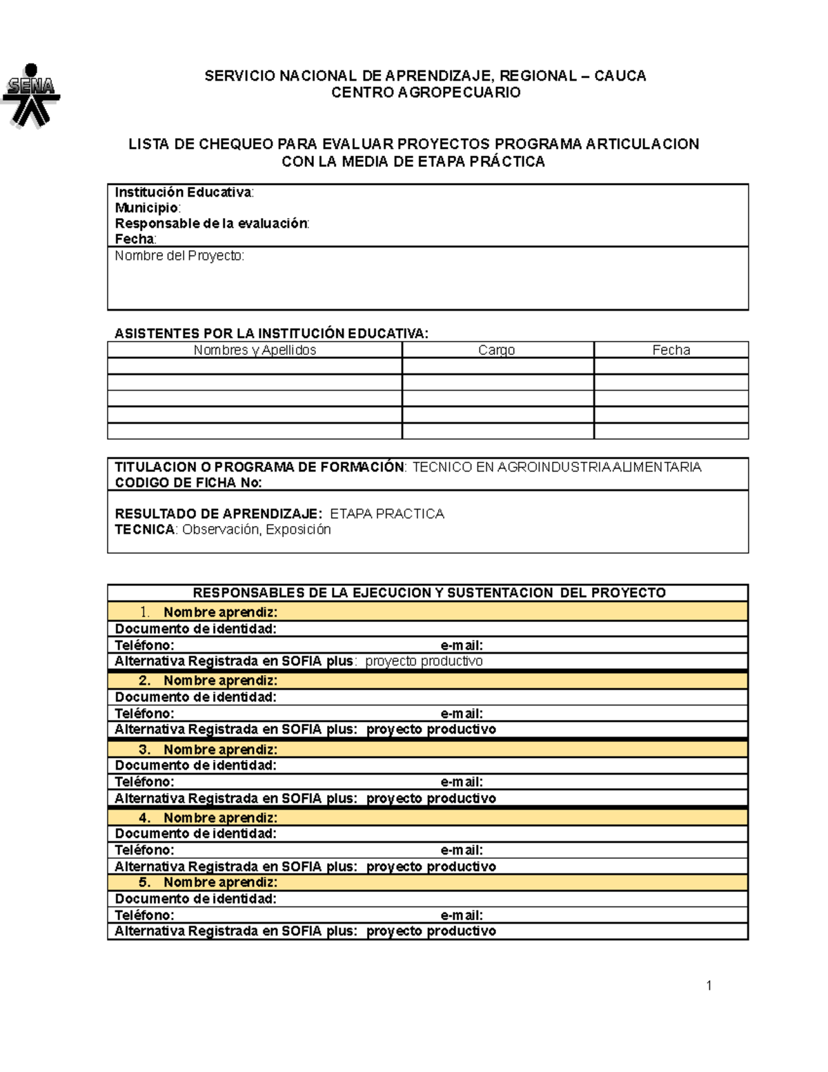 Lista de Chequeo para evaluar sustentaciones proyectos Etapa Práctica - CENTRO AGROPECUARIO ...