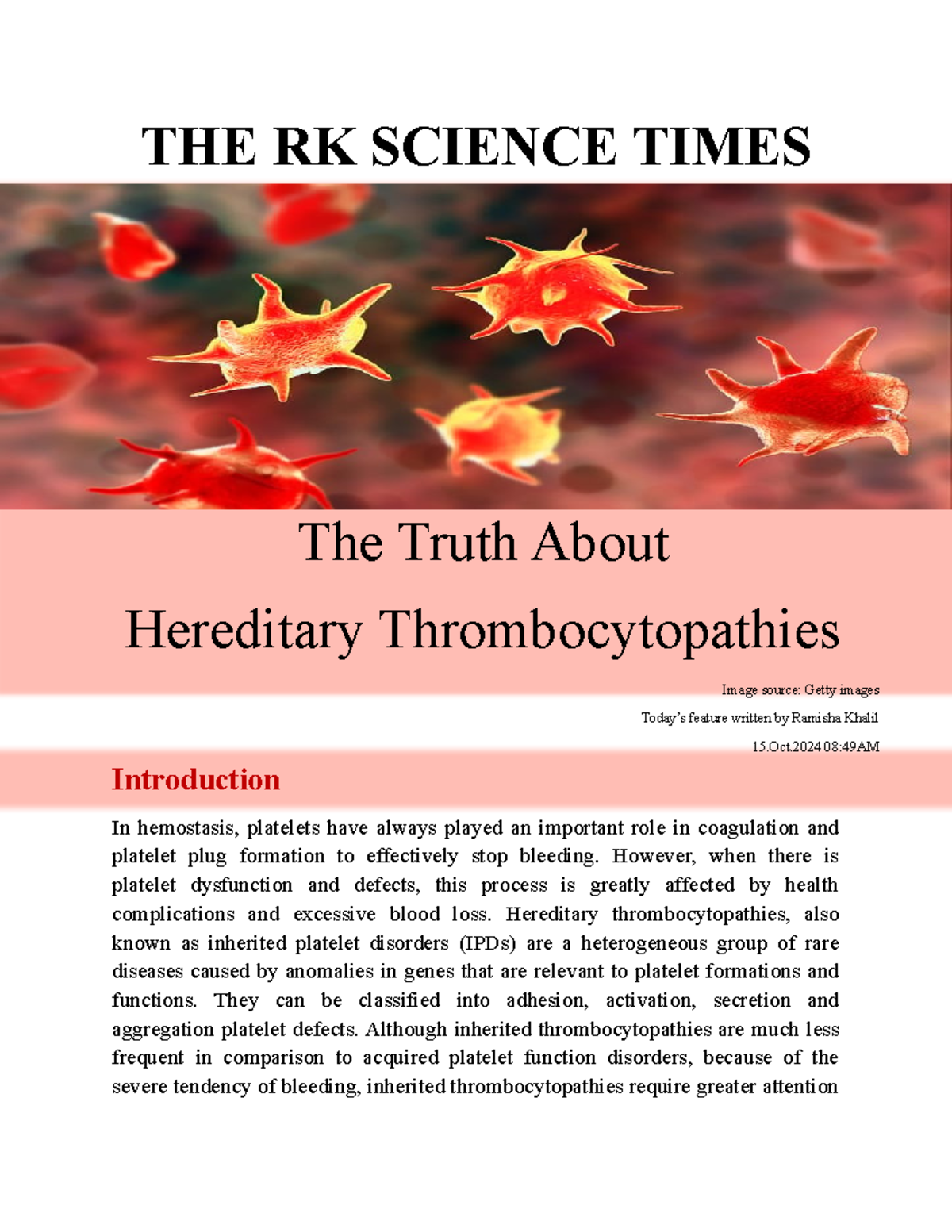Individual Case Study - THE RK SCIENCE TIMES Introduction In hemostasis ...
