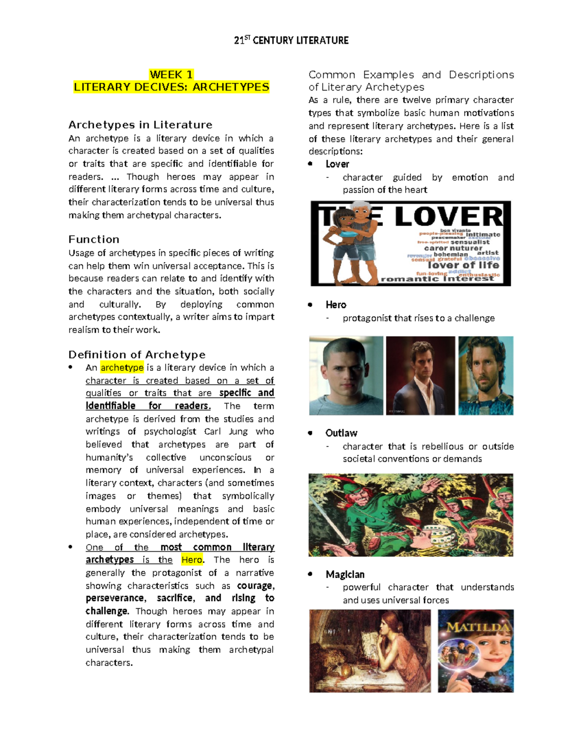 21ST REV - 21ST CENTURY LIT - WEEK 1 LITERARY DECIVES: ARCHETYPES ...