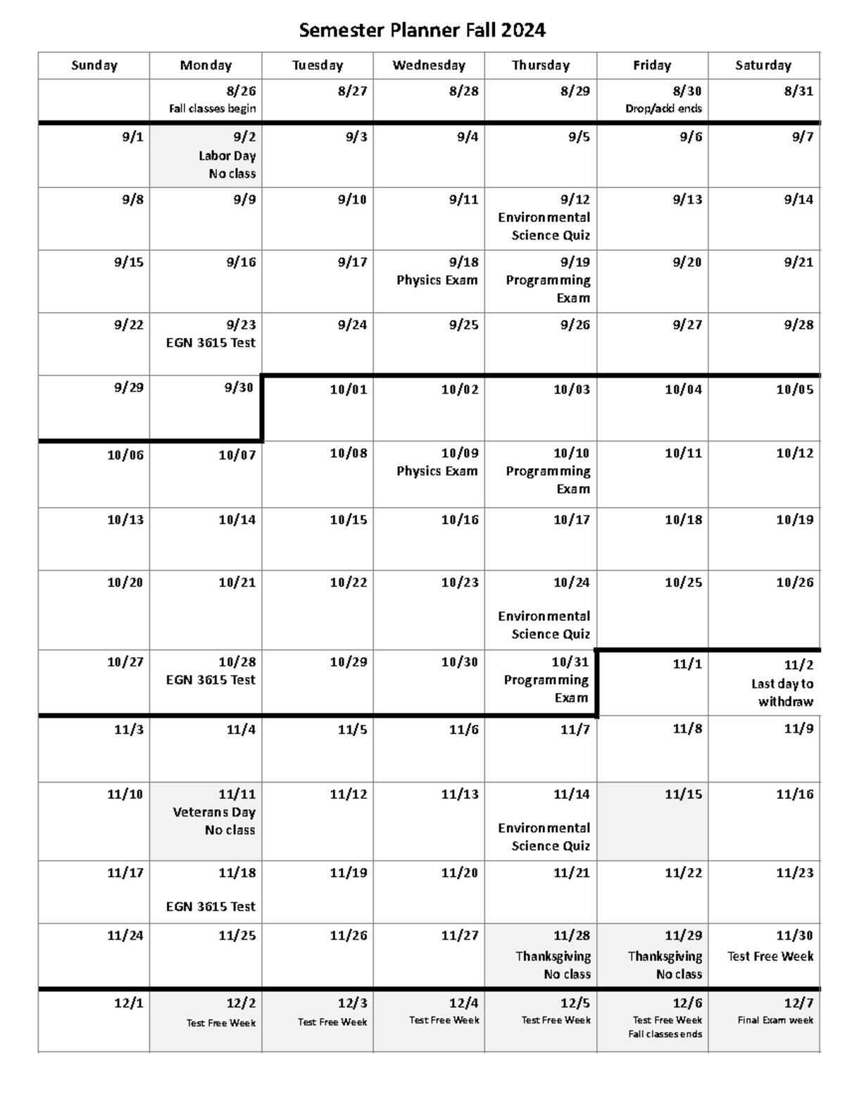 Semester Planner Fall 2024 - Semester Planner Fall 2024 Sunday Monday ...