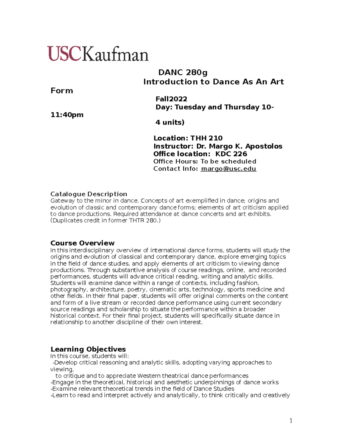 DANC280Fall2022 - syllabus - DANC 280g Introduction to Dance As An Art ...
