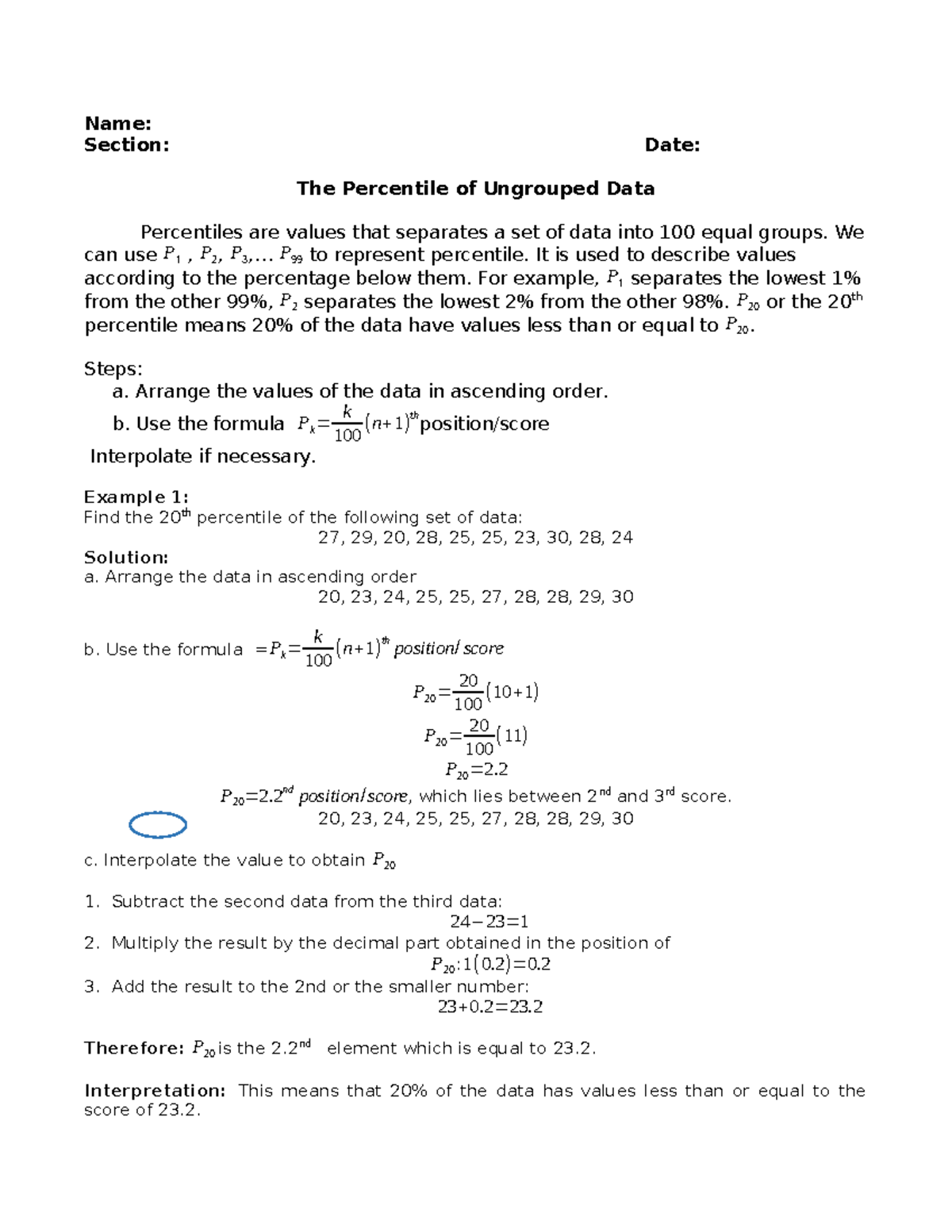 Activity Module Percentile of Ungrouped Data - Name: Section: Date: The Percentile of Ungrouped ...