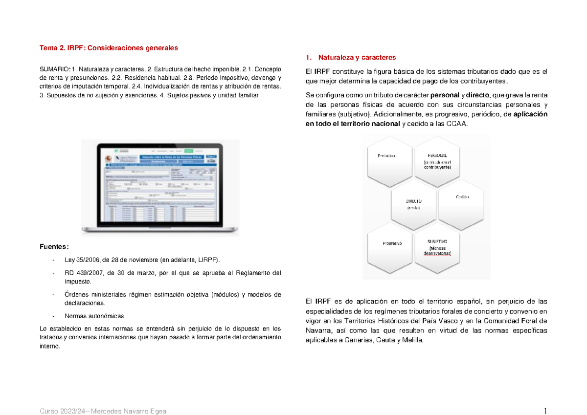 Tema 2 IRPF consideraciones generales - Tema 2. IRPF: Consideraciones generales SUMARIO: 1 ...
