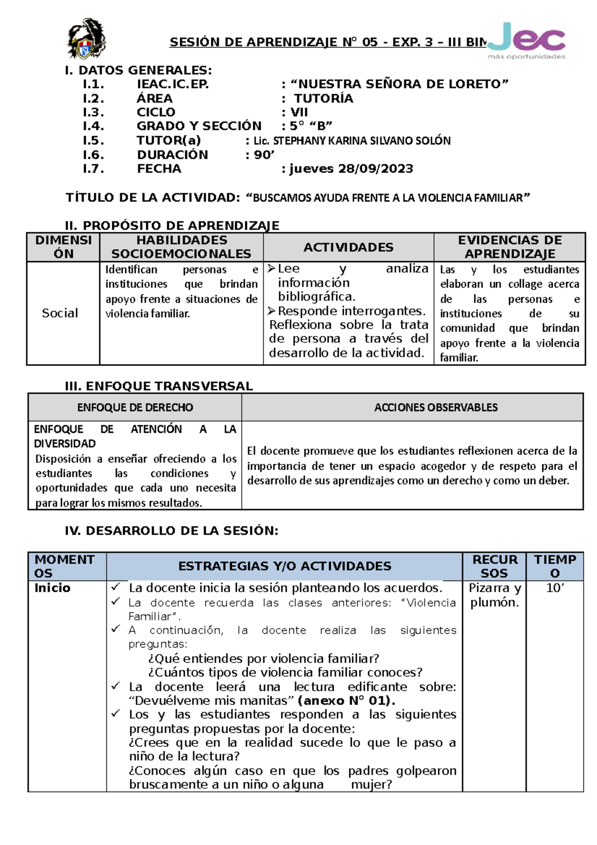 Sesión DE Tutoría N° 05 - Karina 114213 - SESIÓN DE APRENDIZAJE N° 05 - EXP. 3 – III BIM. I ...
