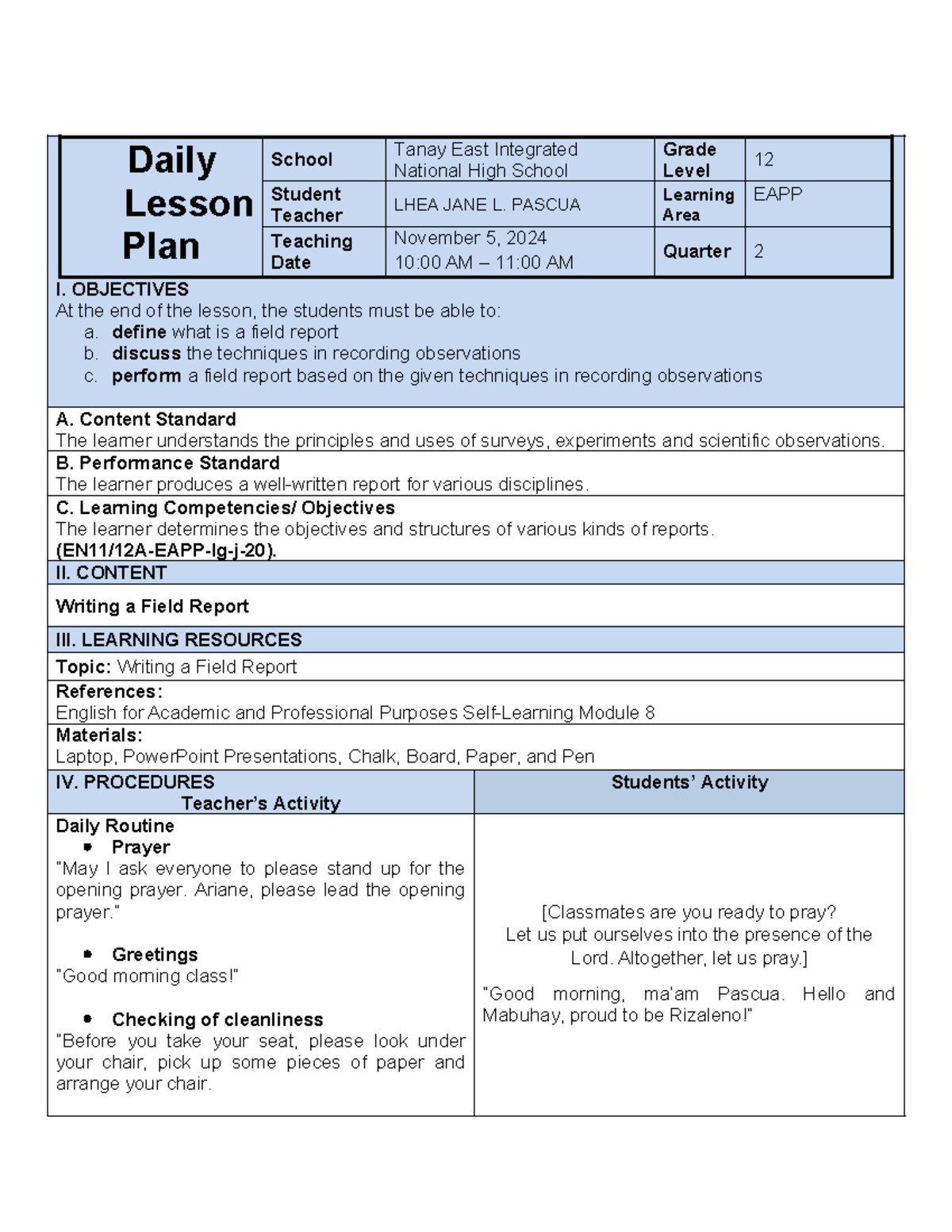 Local DEMO LP 4 copies - Lesson plan - I. OBJECTIVES At the end of the ...