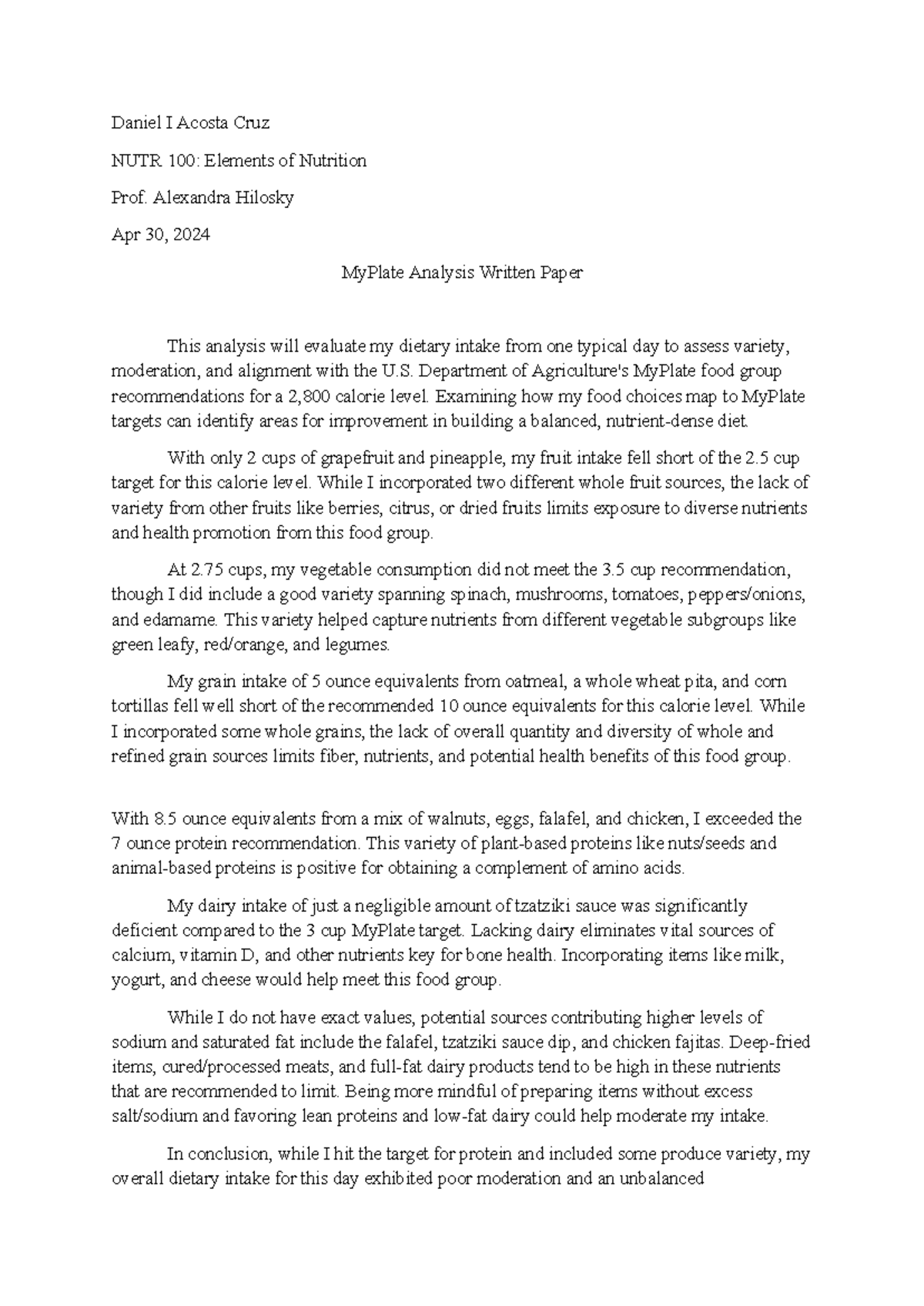 Myplate Analysis Written Paper - Daniel I Acosta Cruz NUTR 100 ...