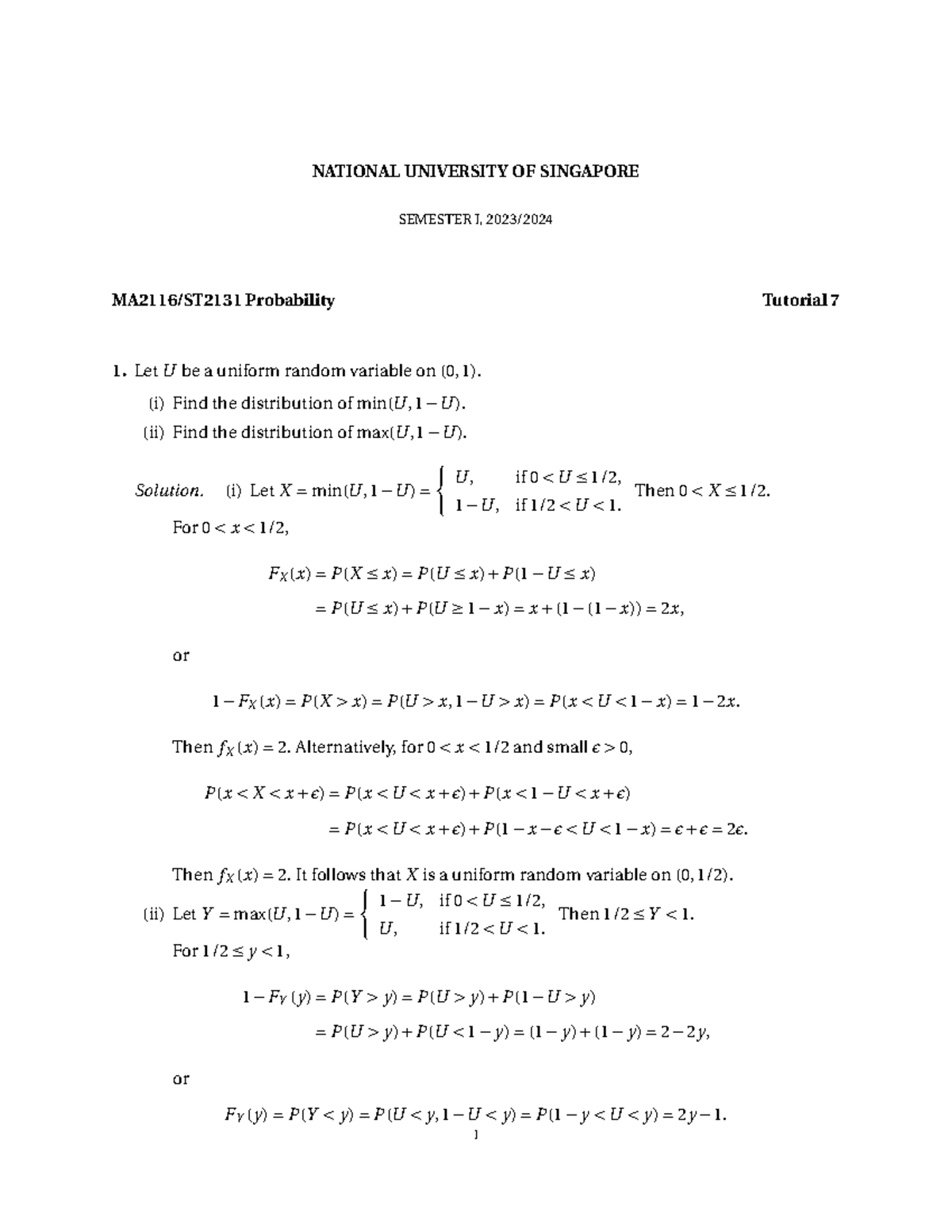 Probability-Solution 07 - NATIONAL UNIVERSITY OF SINGAPORE SEMESTER I ...