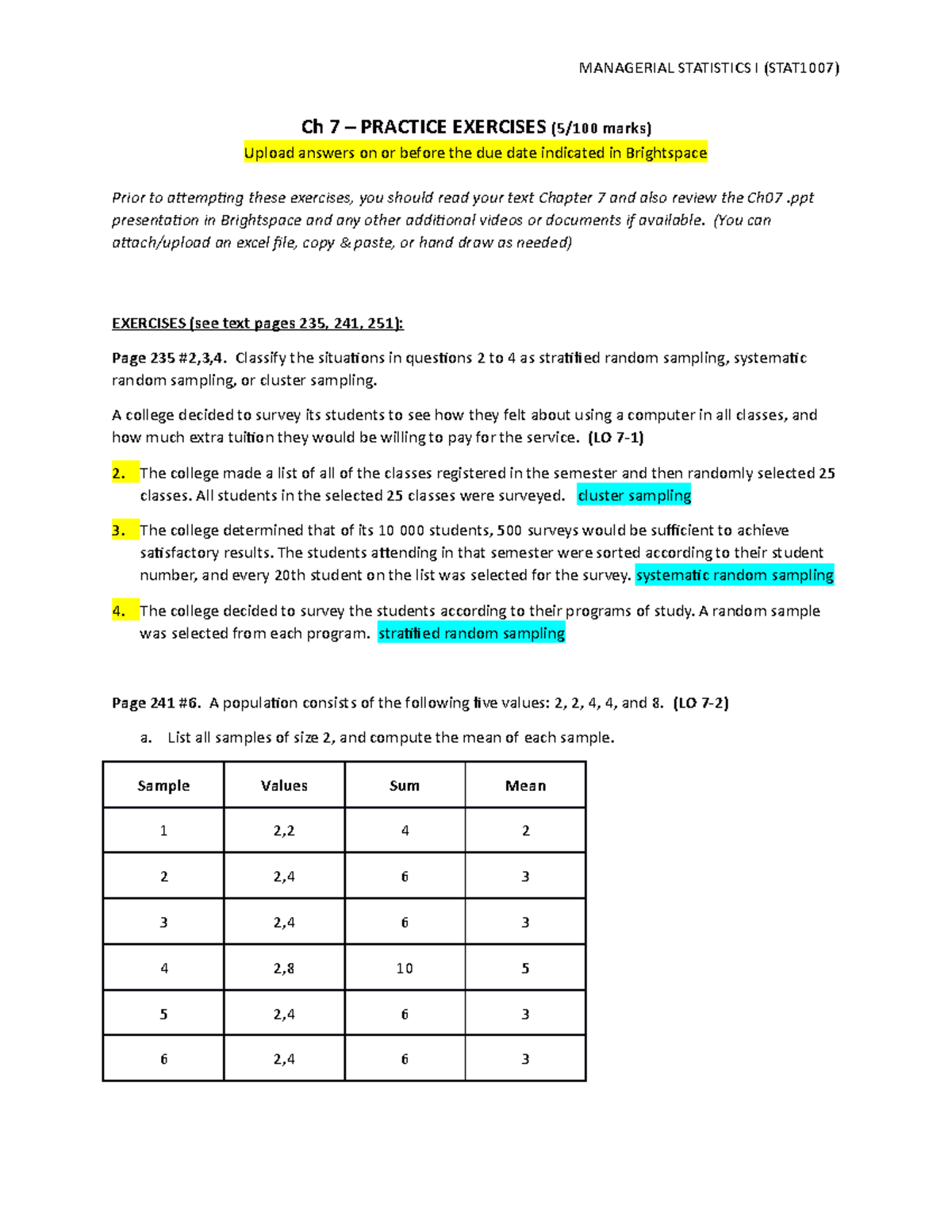 Ch 7 - Practice Exercises - MANAGERIAL STATISTICS I (STAT1007) Ch 7 – PRACTICE EXERCISES (5/100 ...