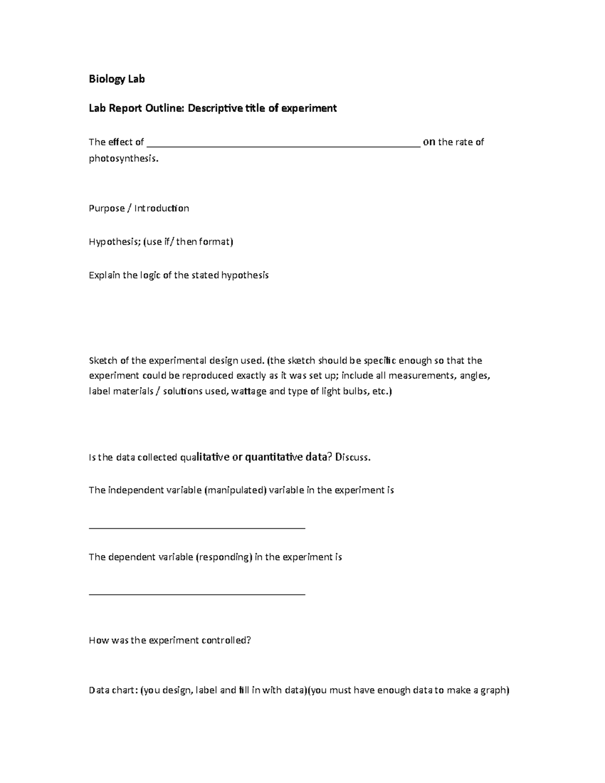 Lab Report Outline - Biology Lab Lab Report Outline: Descriptive title ...