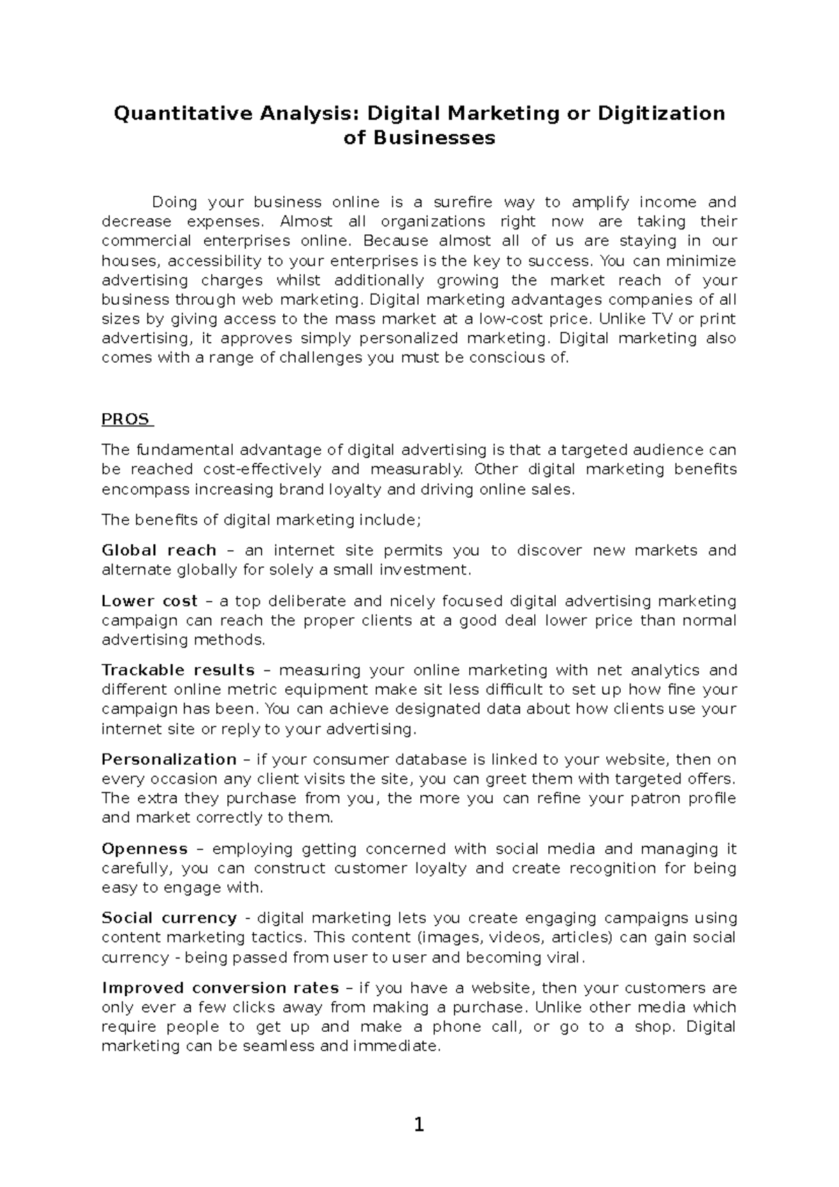 Quantitative Analysis -Digital Marketing or Digitization of Businesses ...