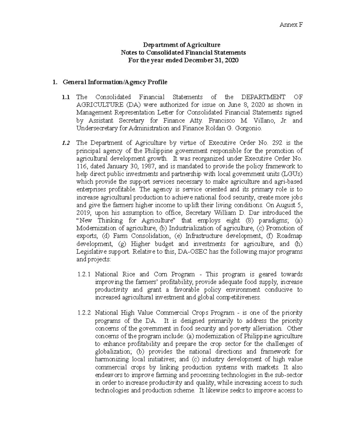 11-DA2020 Annex F Notes to FS - Annex F Department of Agriculture Notes ...