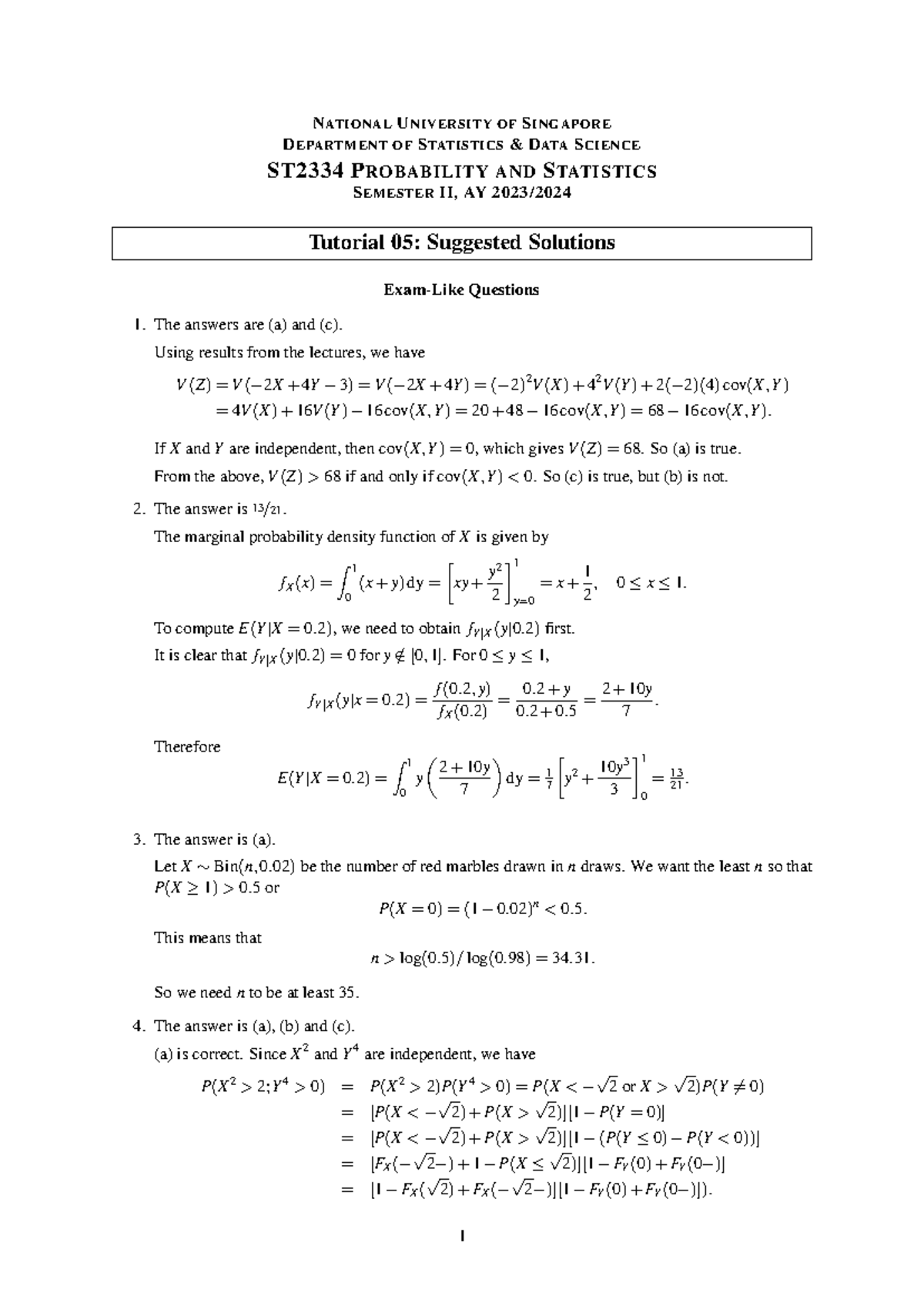 Tut05-sol - Tutorial Answer for tutorial 5 - NATIONAL UNIVERSITY OF SINGAPORE DEPARTMENT OF ...