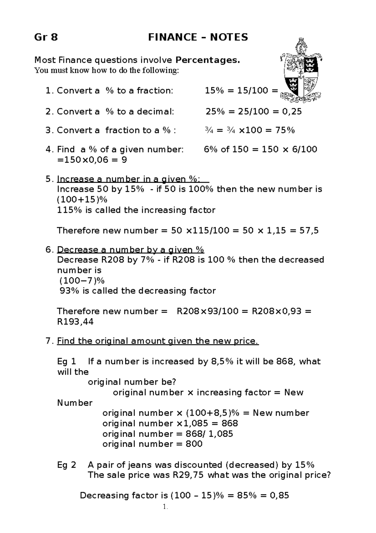 Gr8Notes Finance - Gr 8 FINANCE – NOTES Most Finance questions involve ...