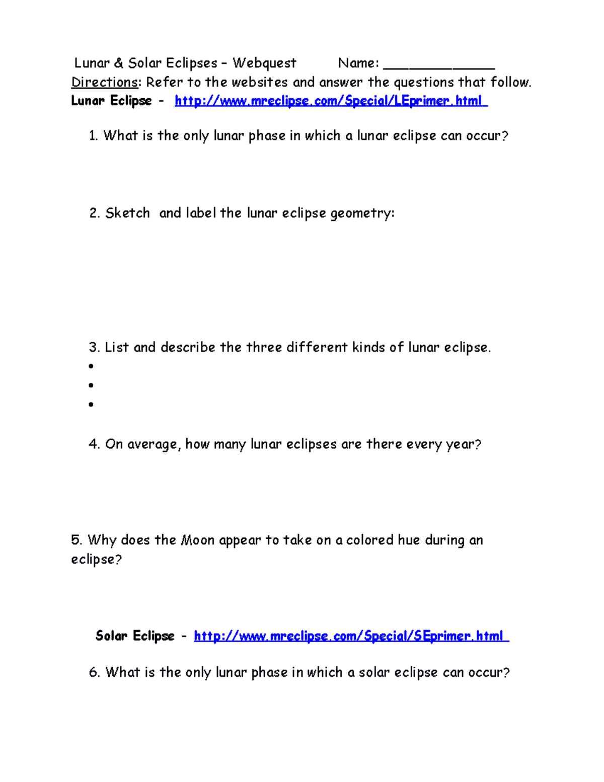 Solar and lunar eclipse webquest - Lunar & Solar Eclipses – Webquest ...