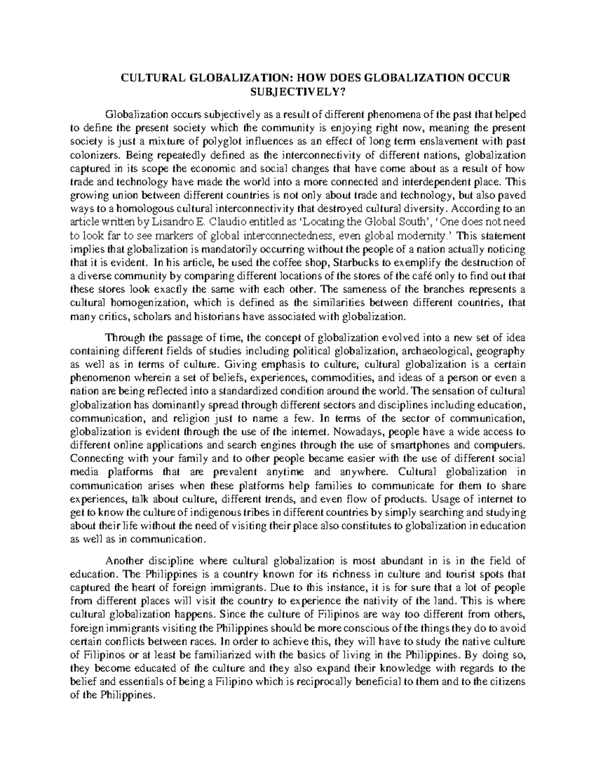 Cultural Globalization HOW DOES Globalization Occur Subjectively ...