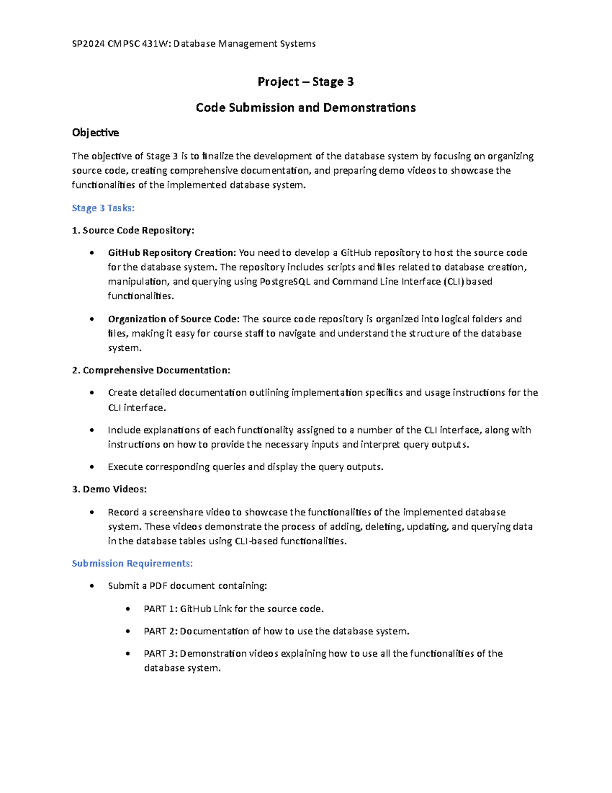Project Stage 3 Deliverable - SP2024 CMPSC 431W: Database Management Systems Project – Stage 3 ...