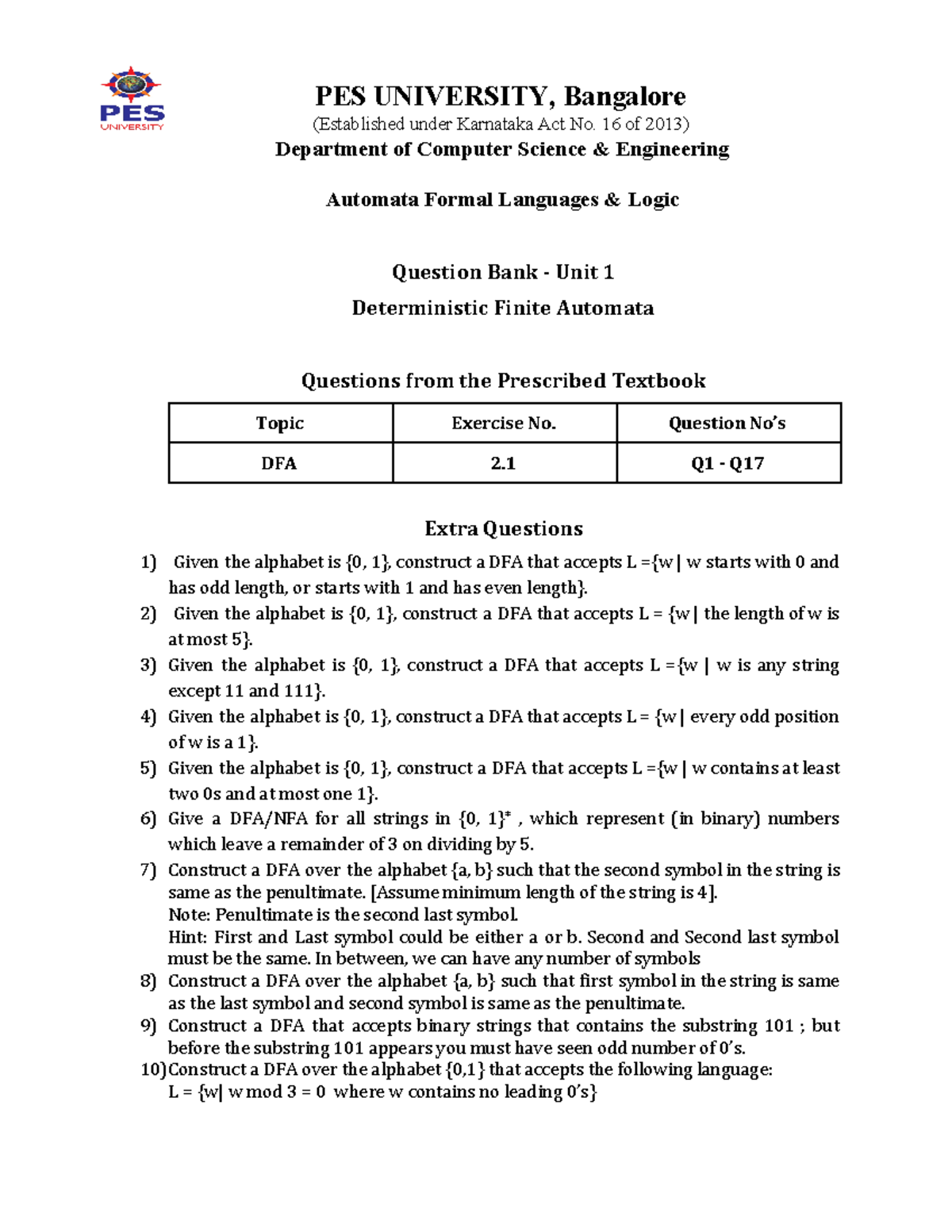 03 Dfa Automata Formal Languages And Logic Practice Questions For Better Concept Clearing