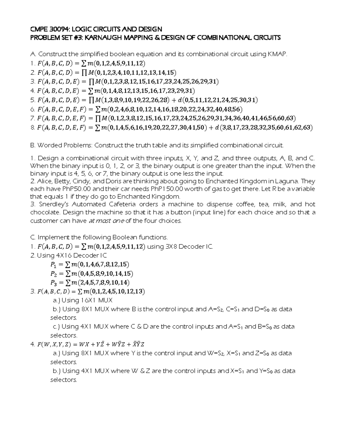 Ps3 Karnaugh Mapping Design Of Combinational Circuits Cmpe 3009 4 Logic Circuits And Design 2512