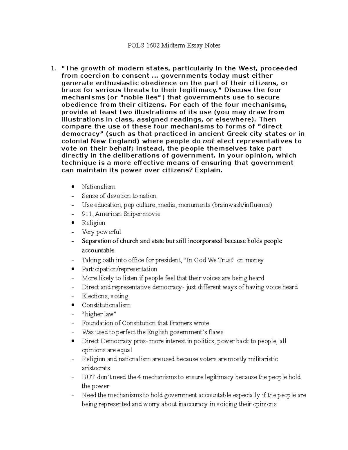 Midterm Essay Review - POLS 1602 Midterm Essay Notes 1. “The growth of ...