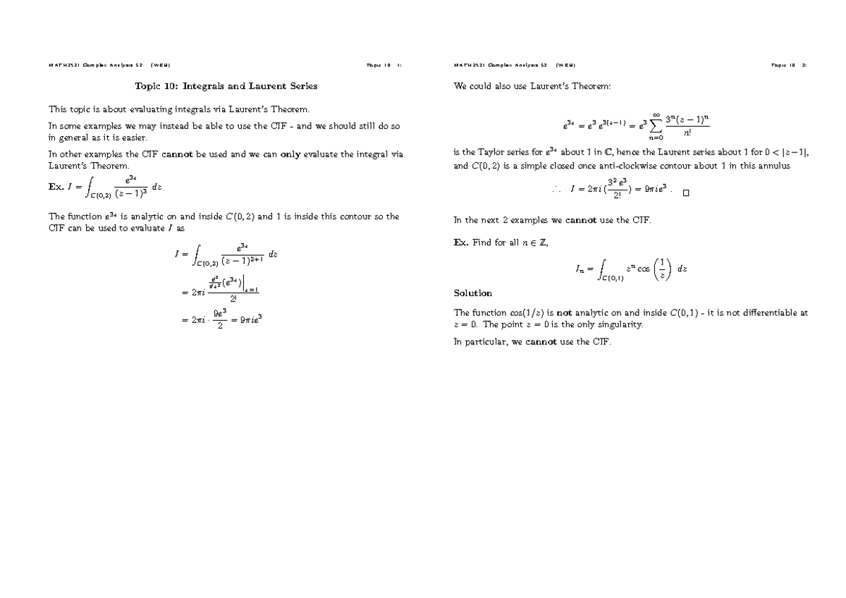 WEB10 - Lecture notes 10 - MATH2521 Complex Analysis S2 (WEB) Topic 10 ...