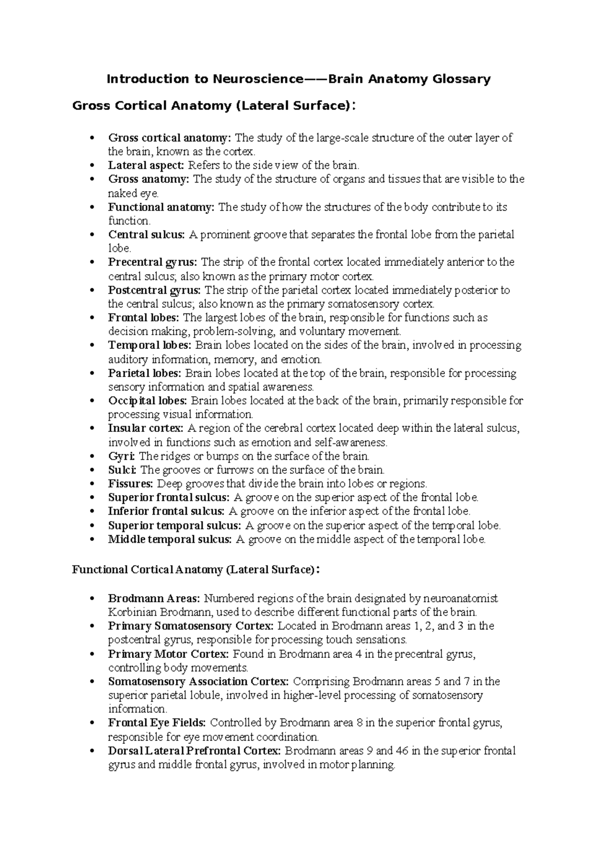 Introduction to Neuroscience——brain anatomy glossary - Introduction to ...