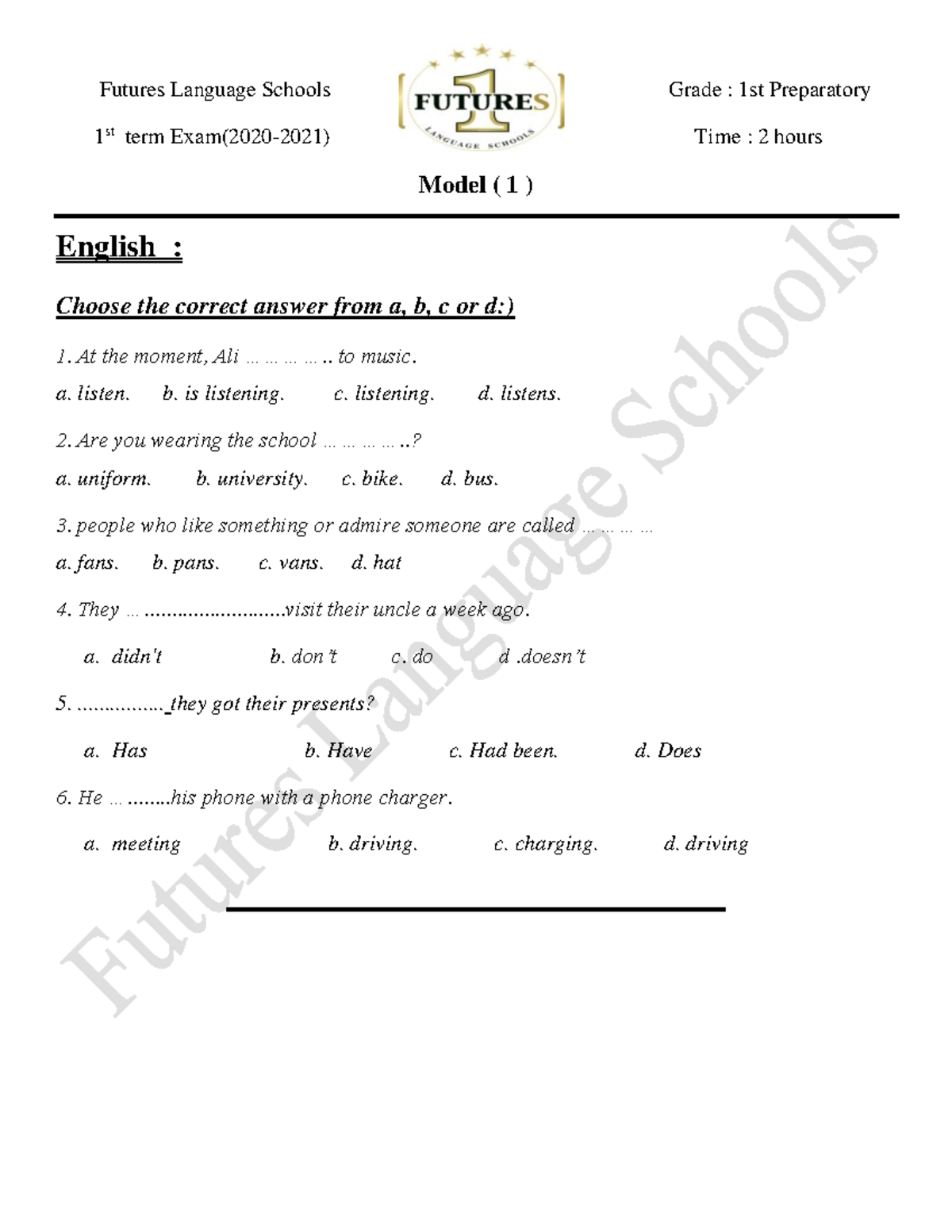 1st Prep Modeles Exams 1st term 2020 - 2021 - Futures Language Schools ...